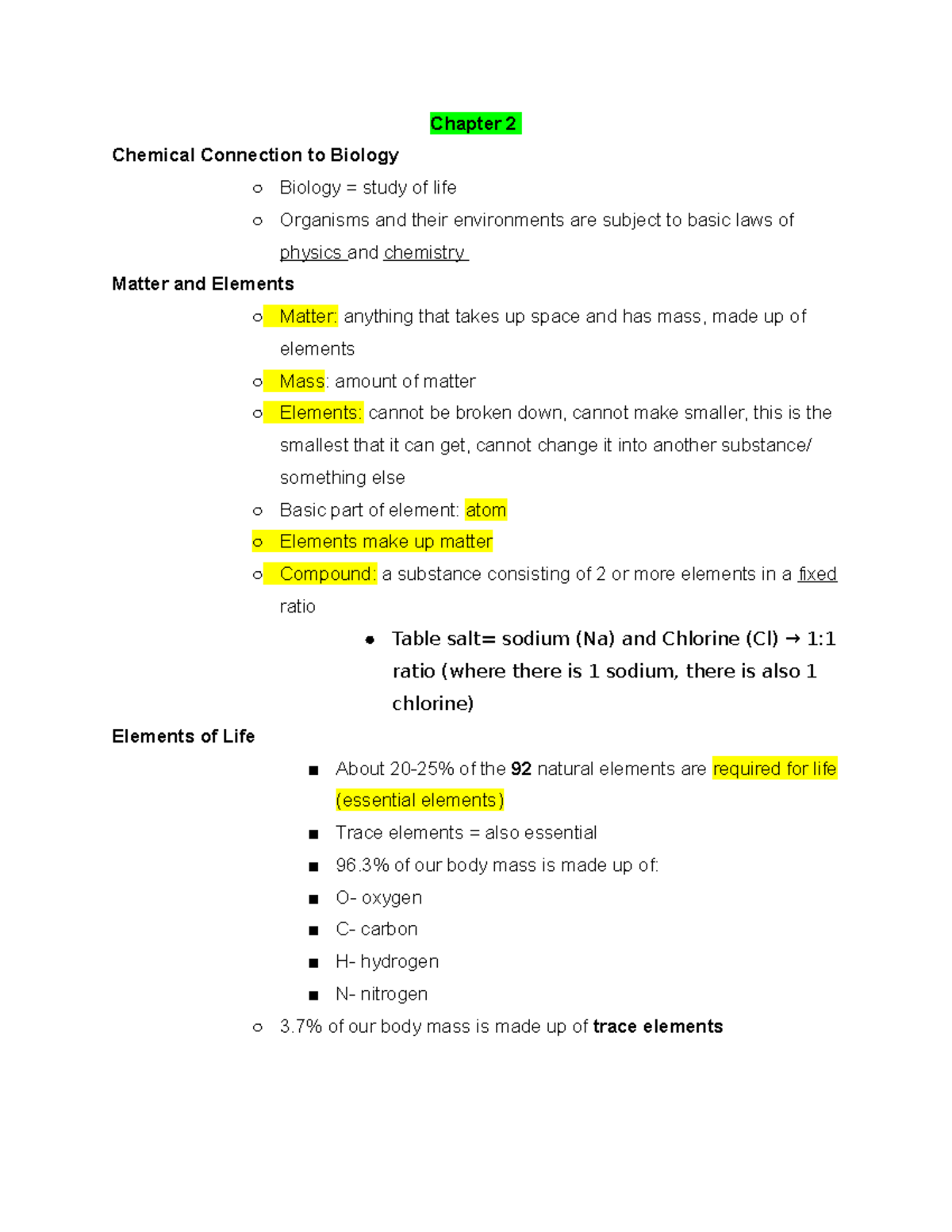 Biology 1 For Science Majors - Chapter 2 Chemical Connection to Biology ...