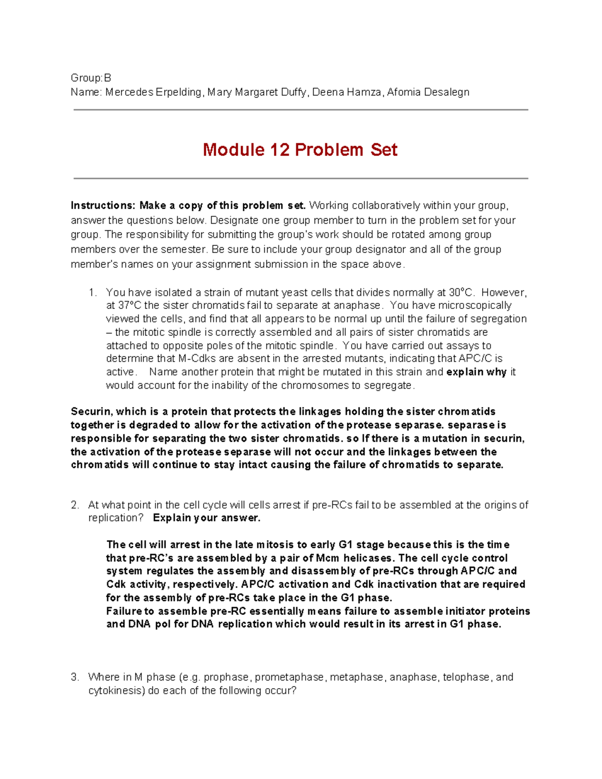 Cell Biology Module 12 Problem Set - Group:B Name: Mercedes Erpelding ...