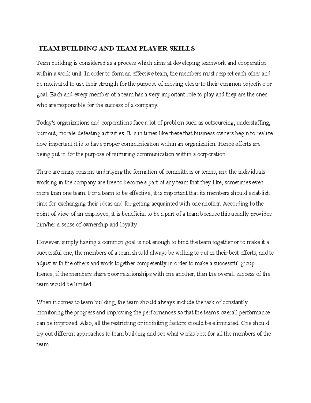 TEAM Building - Study notes. - TEAM BUILDING AND TEAM PLAYER SKILLS ...