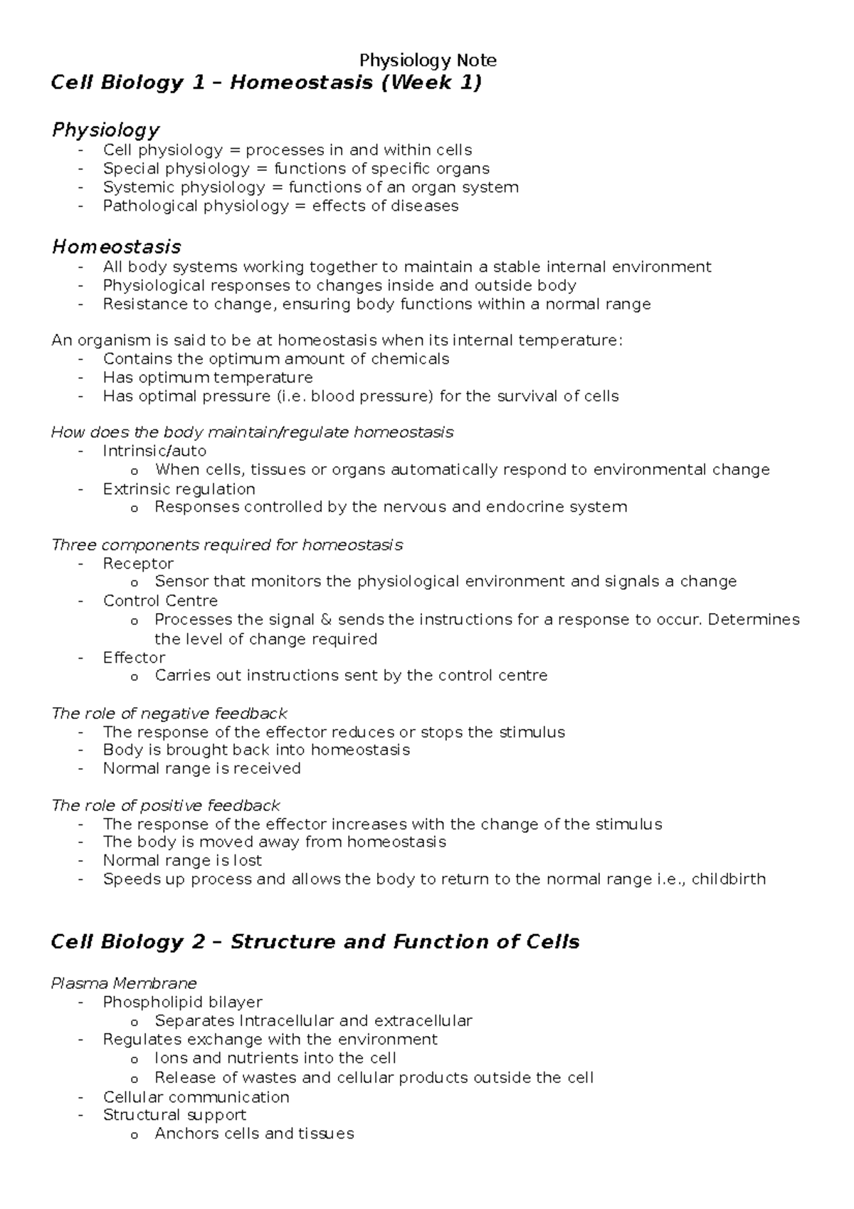 Physiology Notes - Cell Biology 1 – Homeostasis (Week 1) Physiology ...
