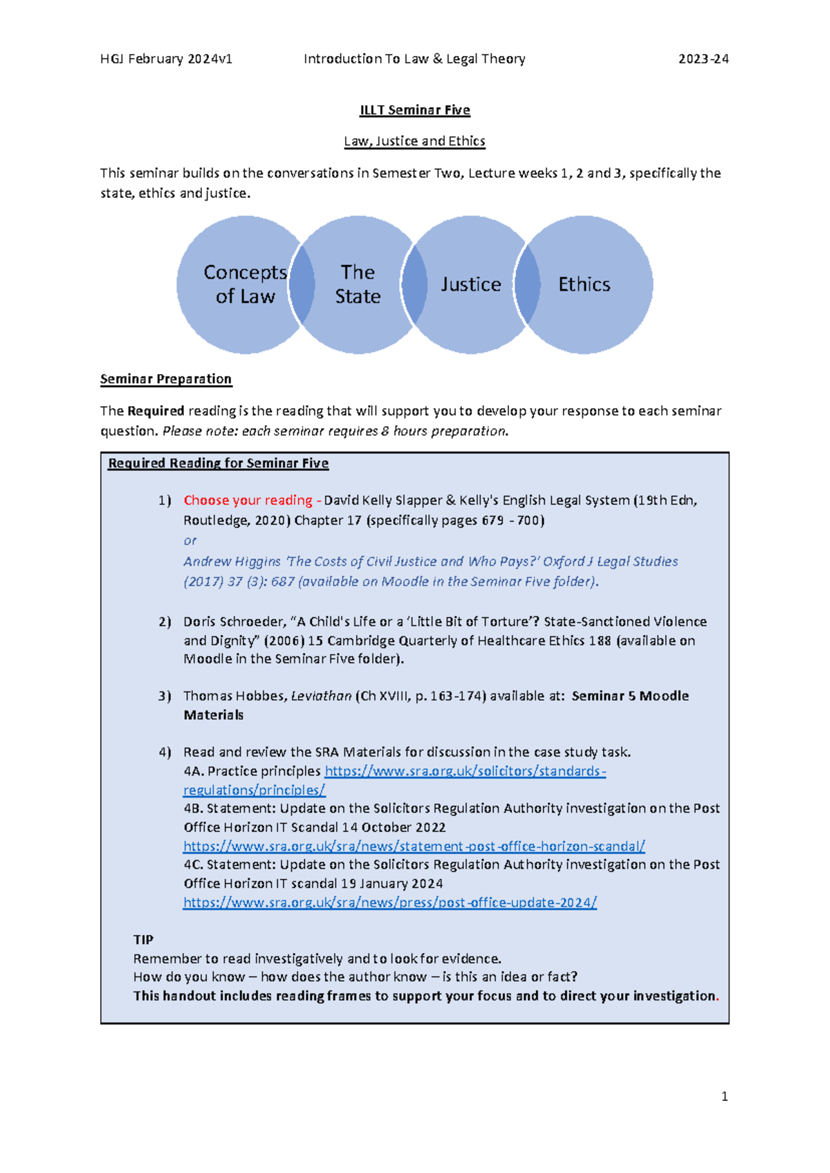Seminar 5 Handout - ILLT Seminar Five Law, Justice and Ethics This ...
