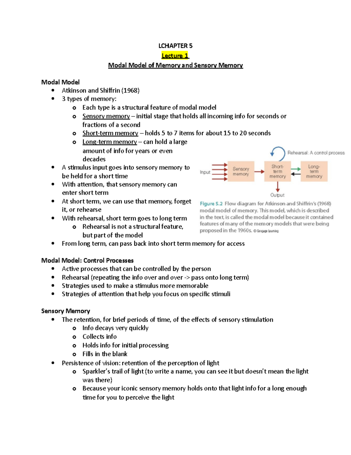 Ch5+6+7 Student Notes - Modal model of memory and sensory memory; short ...