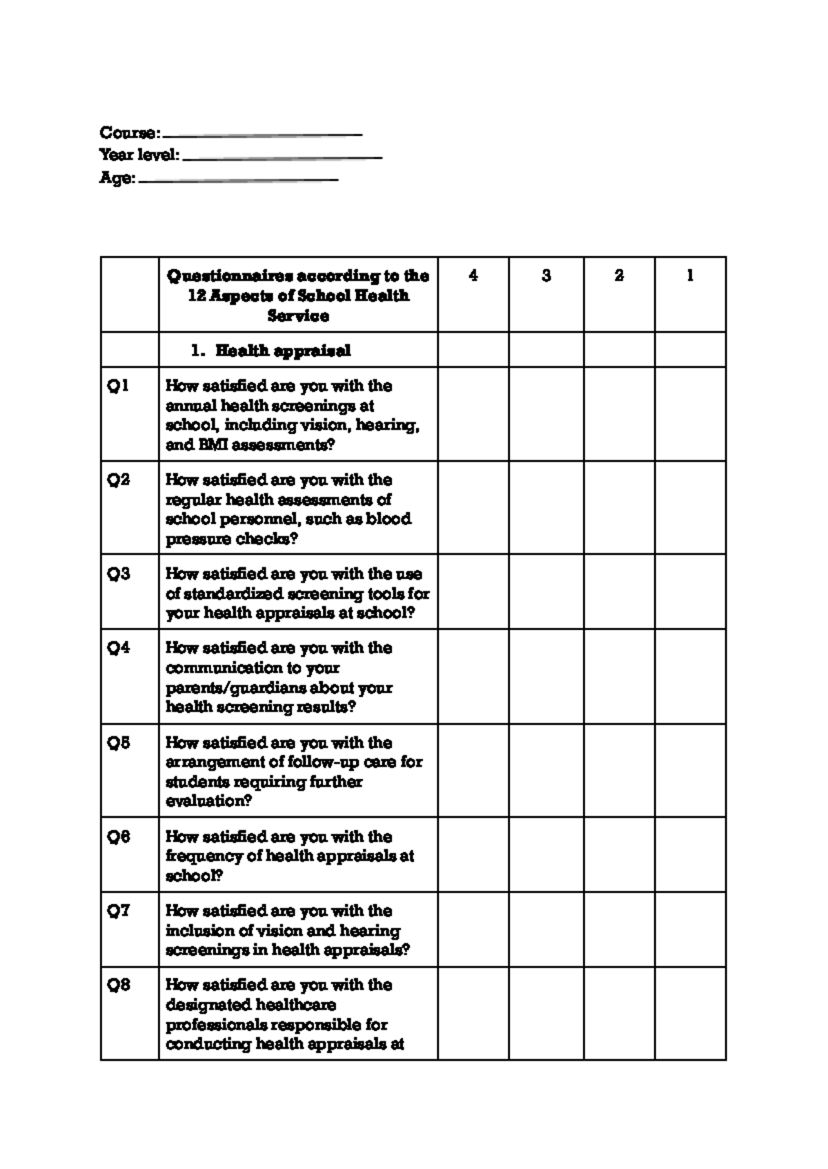 Research Questionnaires Revised - Course: Year level: Age ...