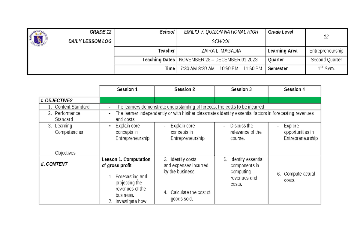 Daily Lesson Log Entrep Week 3 2023-2024 - GRADE 12 DAILY LESSON LOG ...