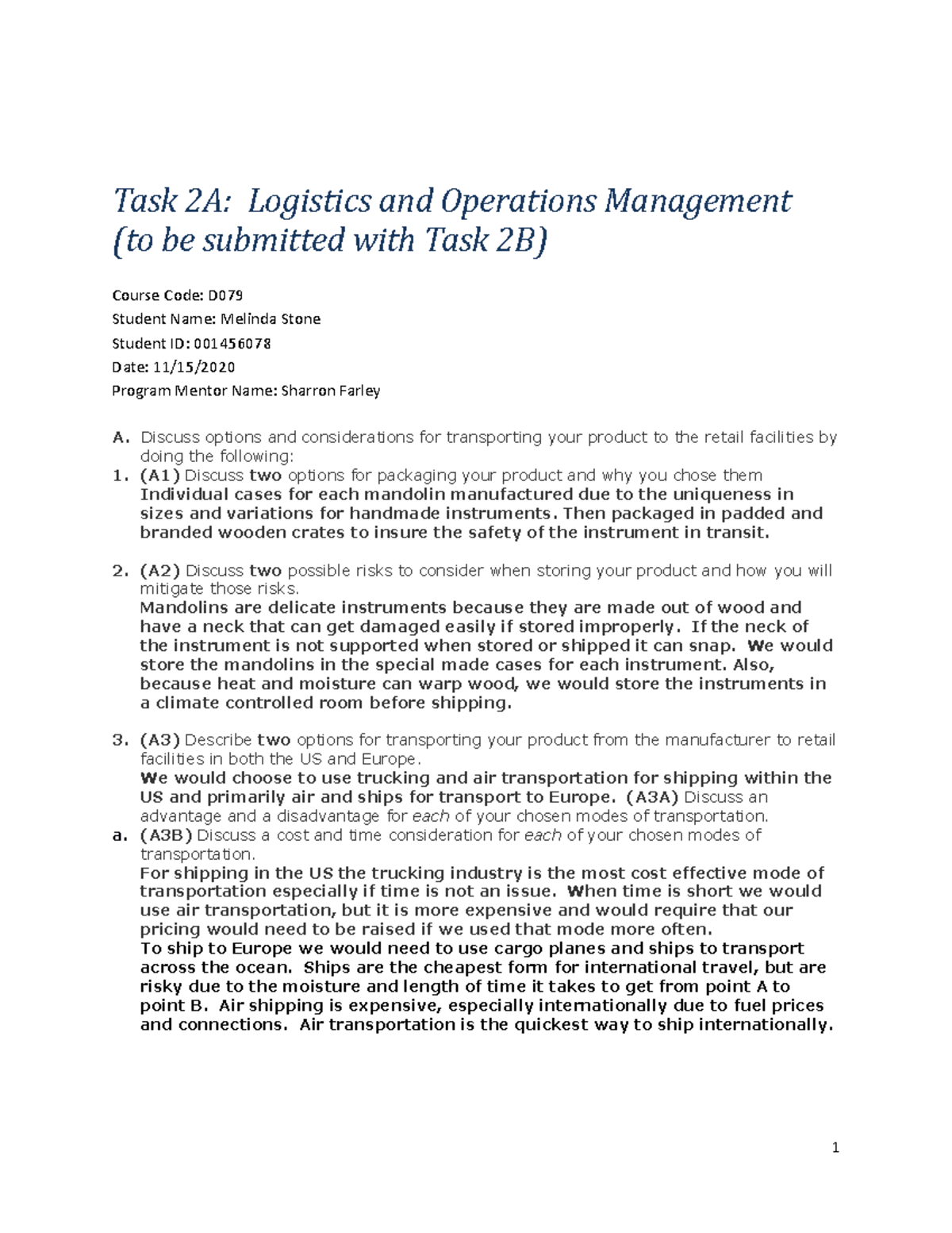 D079-Task 2 - Task 2A: Logistics and Operations Management (to be ...