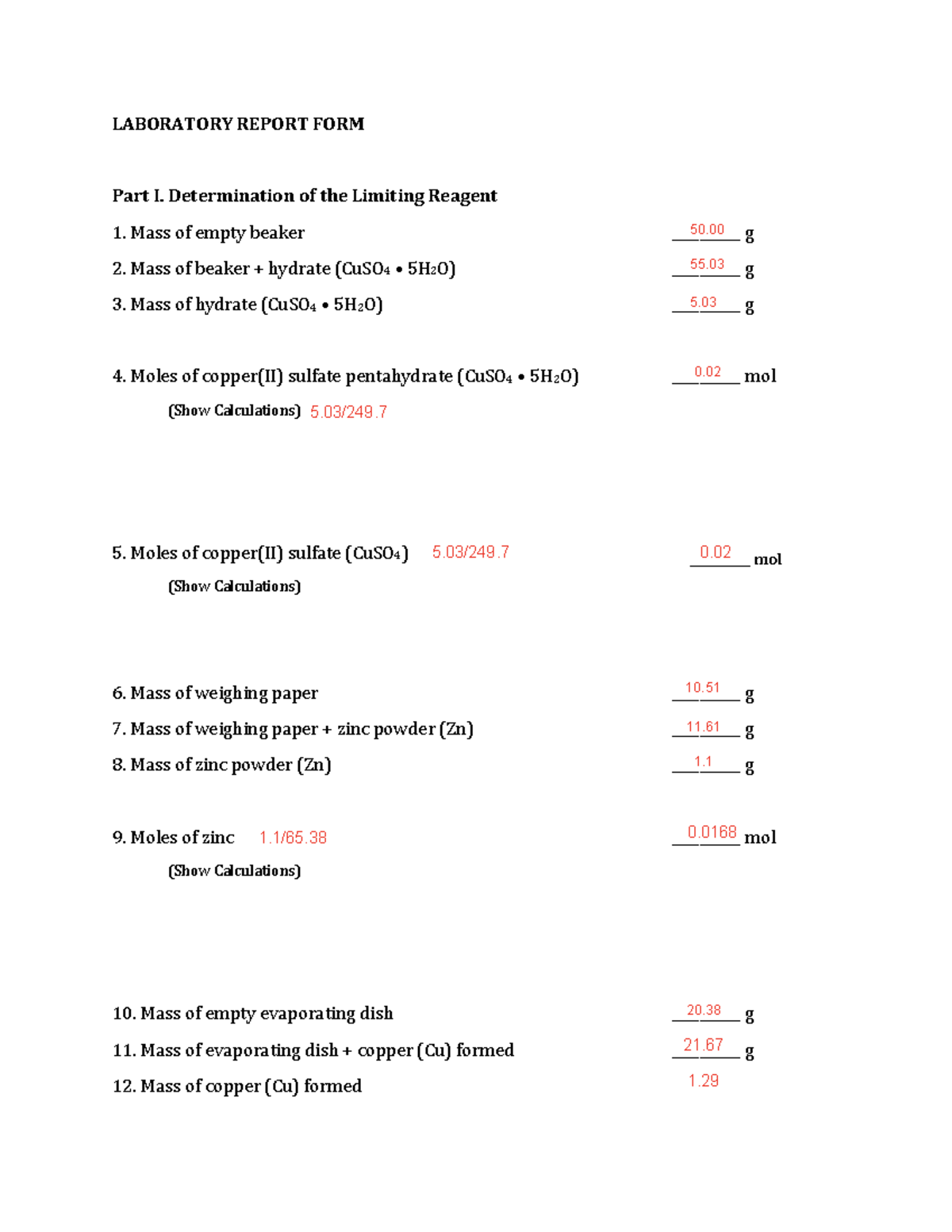 Lab Report 4: Limiting Reagent Analysis and Calculations - LABORATORY ...