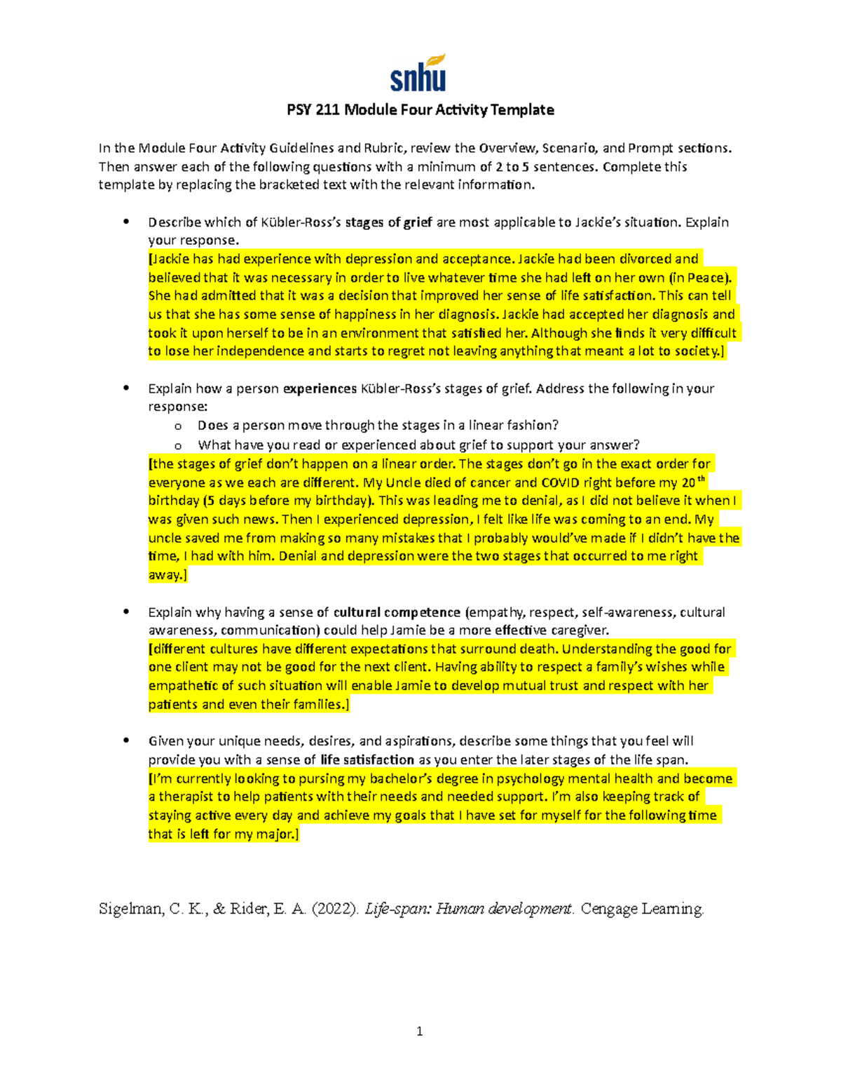 PSY 211 Module Four Activity Template - Then answer each of the ...