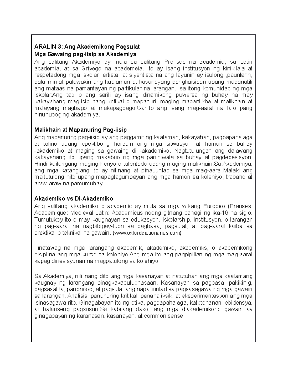 Guide for Reporting Filipino - ARALIN 3: Ang Akademikong Pagsulat Mga ...