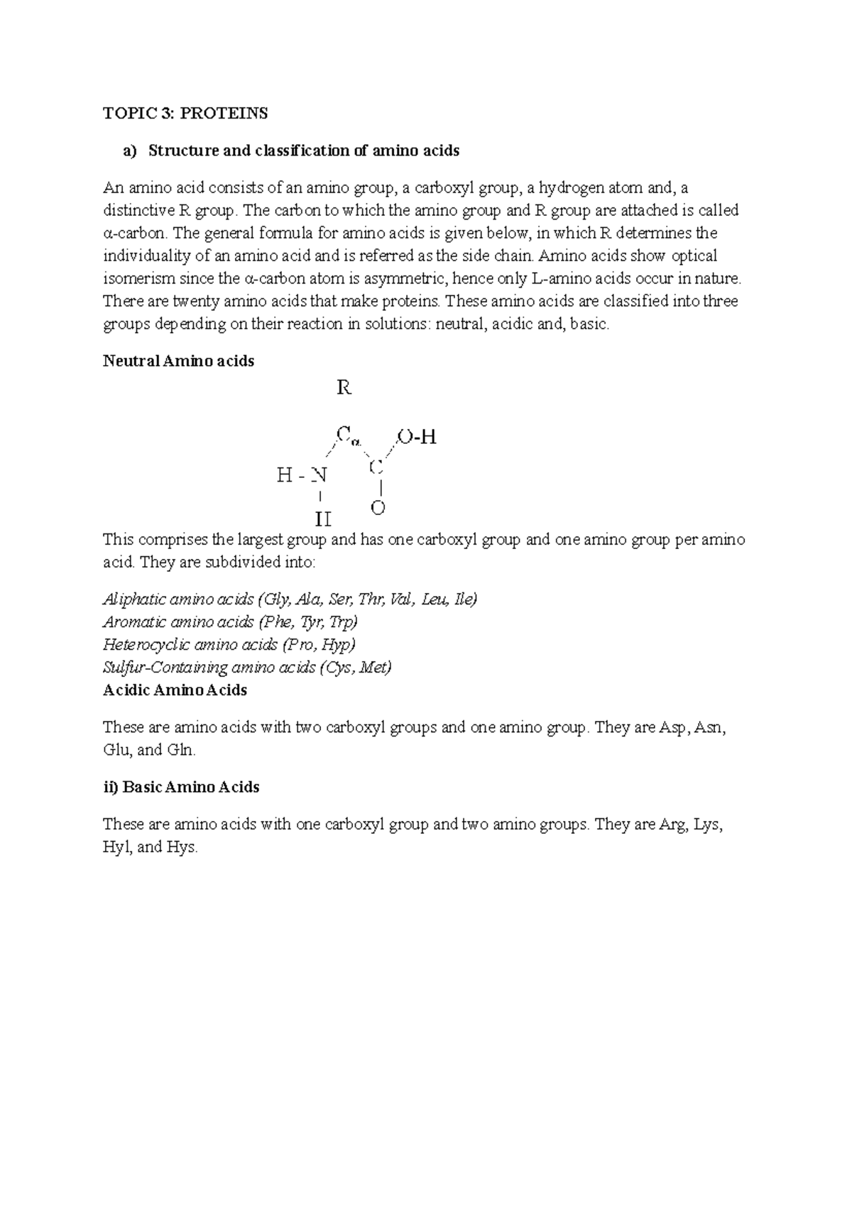 Proteins - TOPIC 3: PROTEINS a) Structure and classification of amino ...