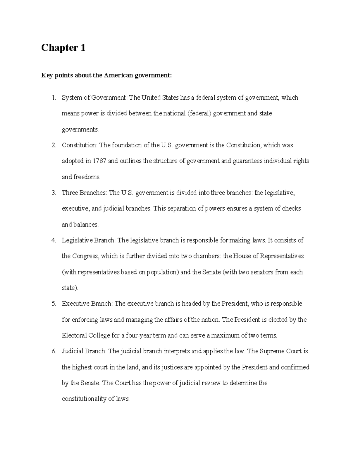 American Goverment Notes. Chapters 1-3 - Chapter 1 Key points about the ...