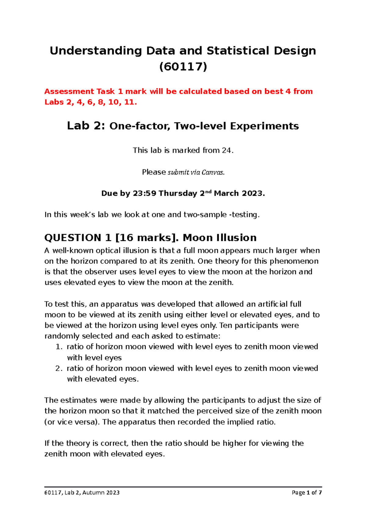 60117 Lab2 Autumn 2023 - Lab 2 - Understanding Data and Statistical Design (60117) Assessment ...