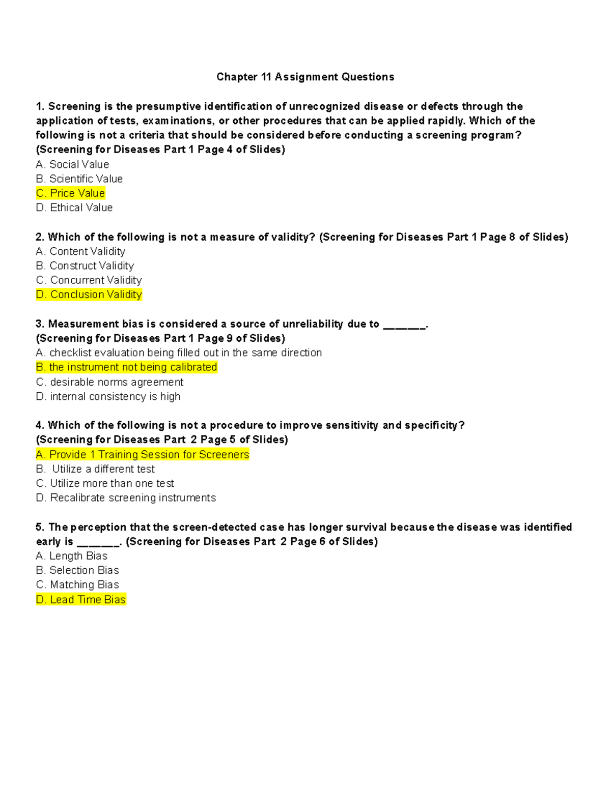 Chapter 11 Assignment Questions - Chapter 11 Assignment Questions Screening is the presumptive ...