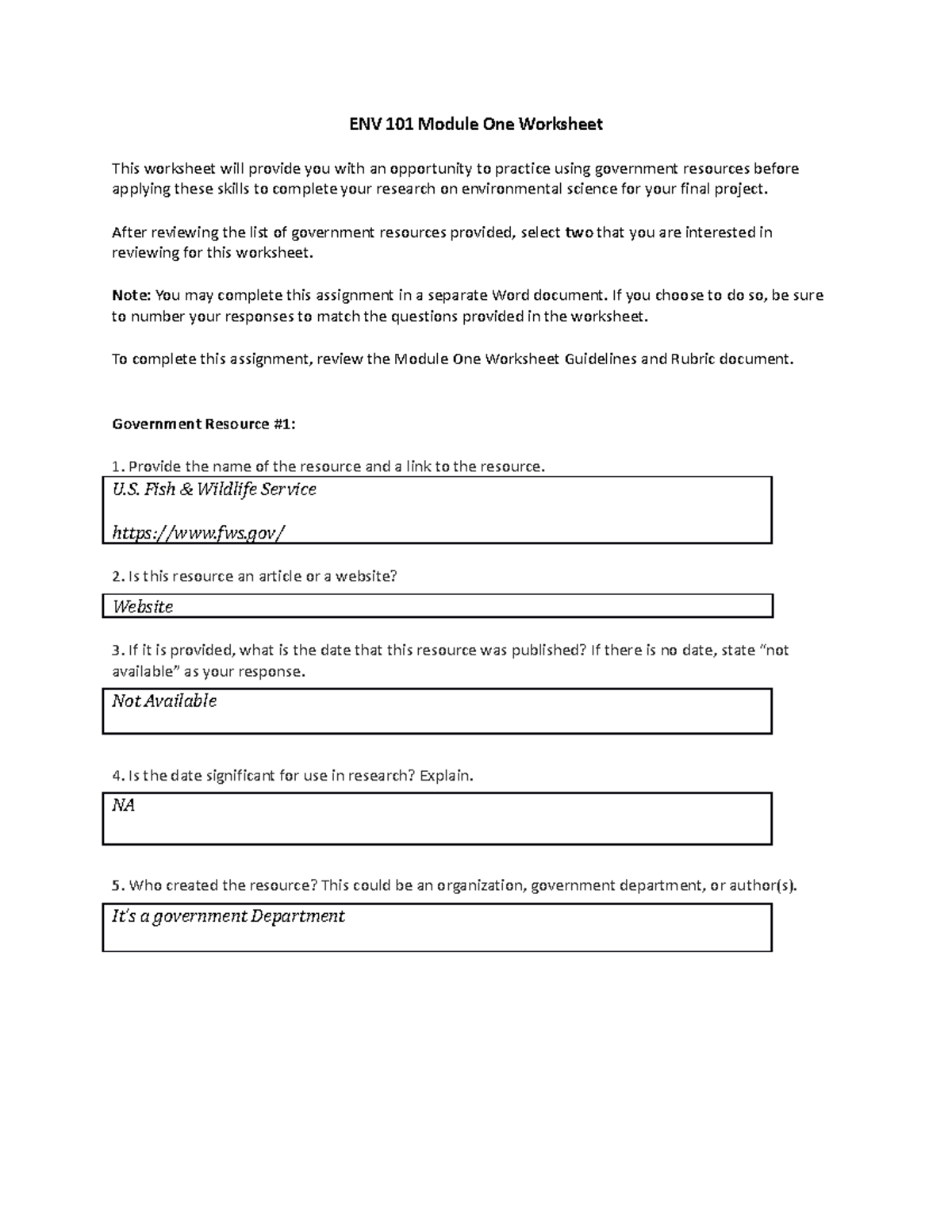ENV 101 Module One Work - bjh - ENV 101 Module One Worksheet This ...