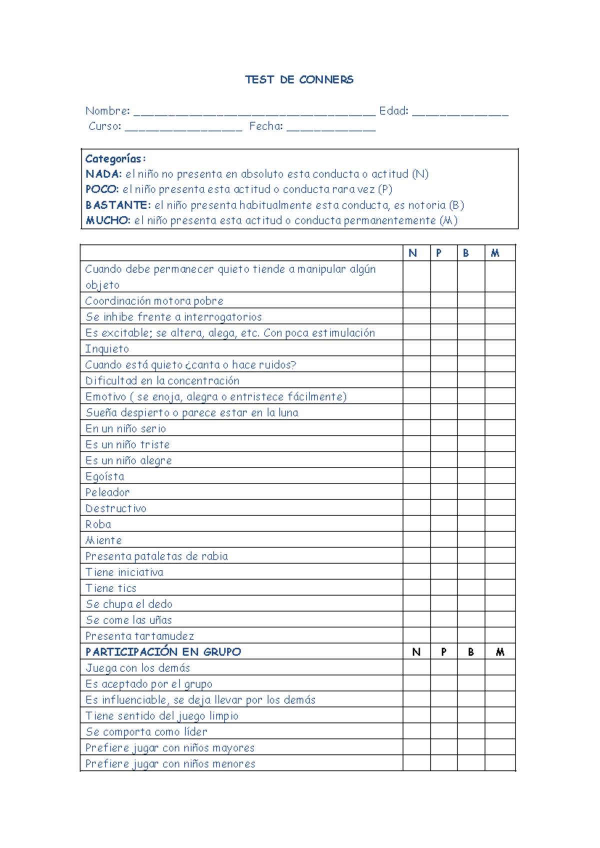Test de Conners - ddddddd - TEST DE CONNERS Nombre ...