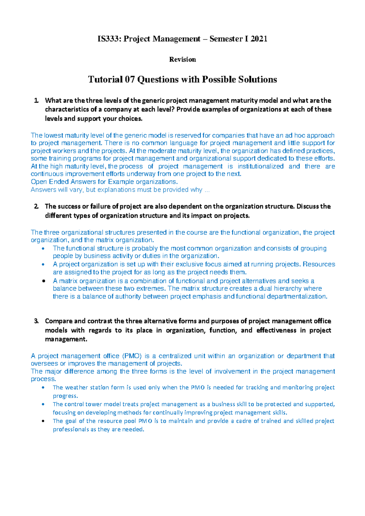 Tutorial 07 with Questions and Possible Solutions - IS333: Project ...