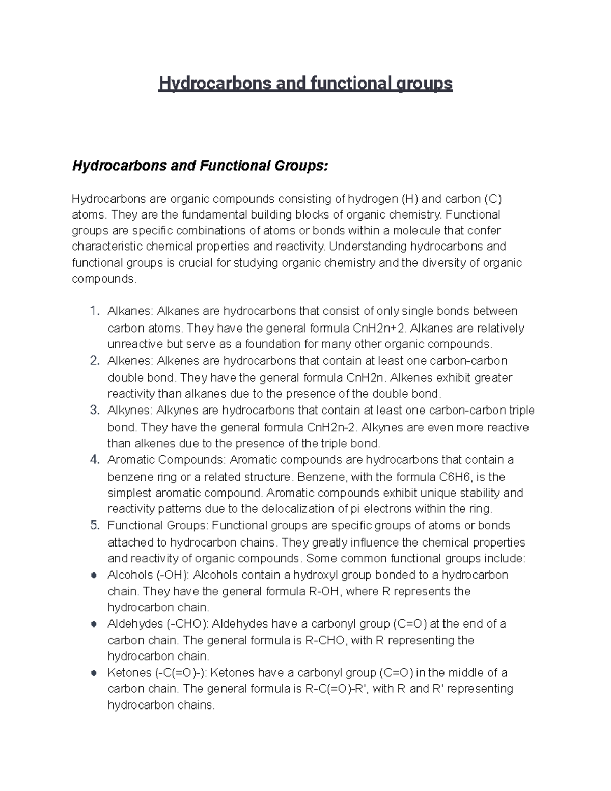 Notes on Hydrocarbons and functional groups - Hydrocarbons and ...