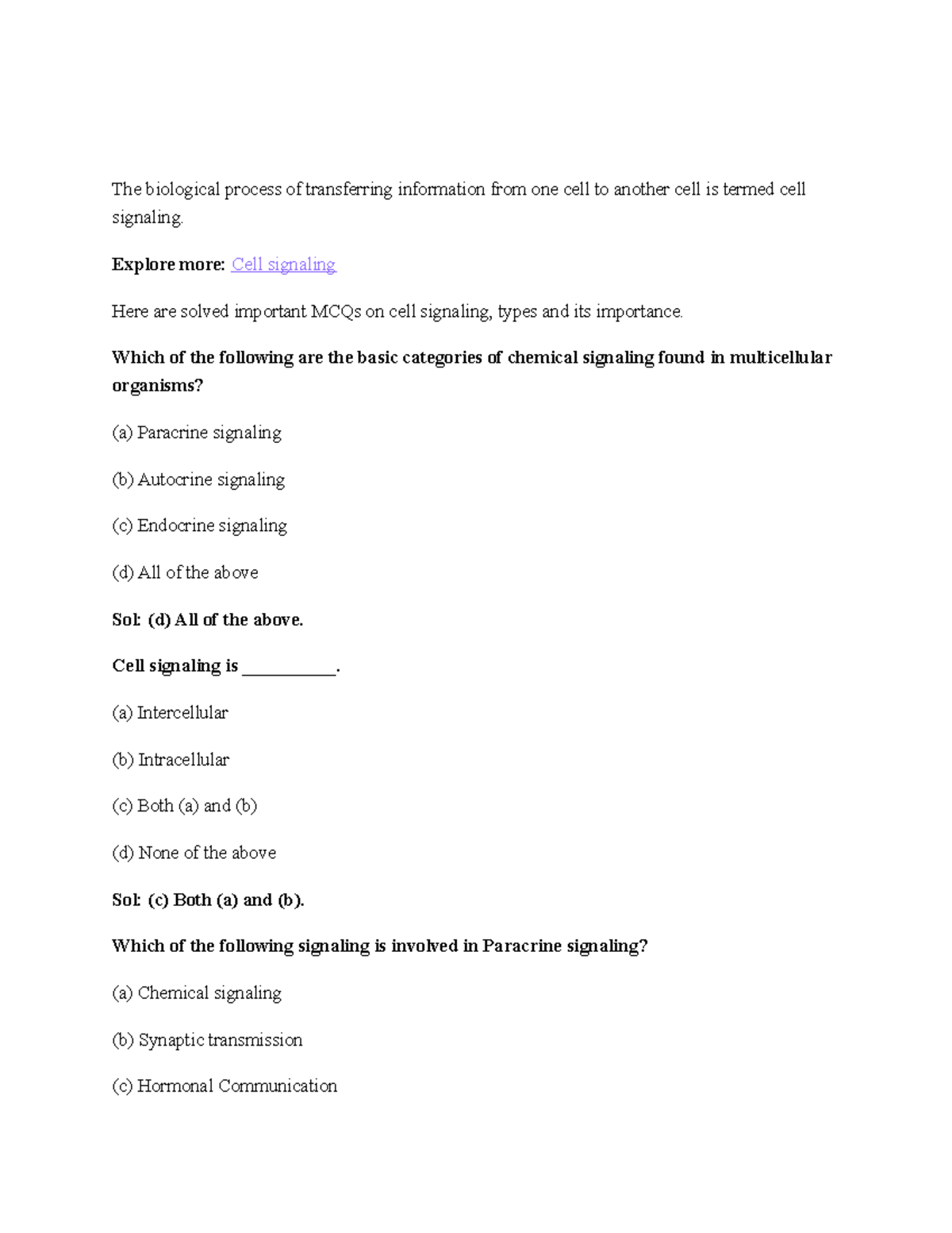 MCQs on Cell Signaling - Explore more: Cell signaling Here are solved ...