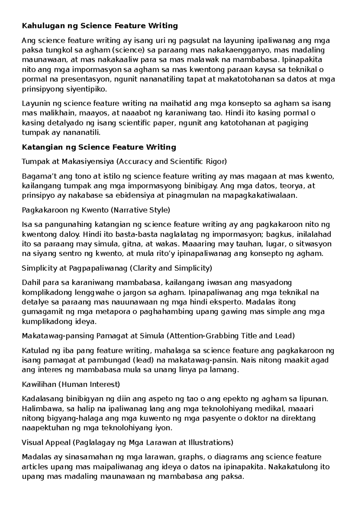 Kahulugan ng Science Feature Writing - Ipinapakita nito ang mga ...