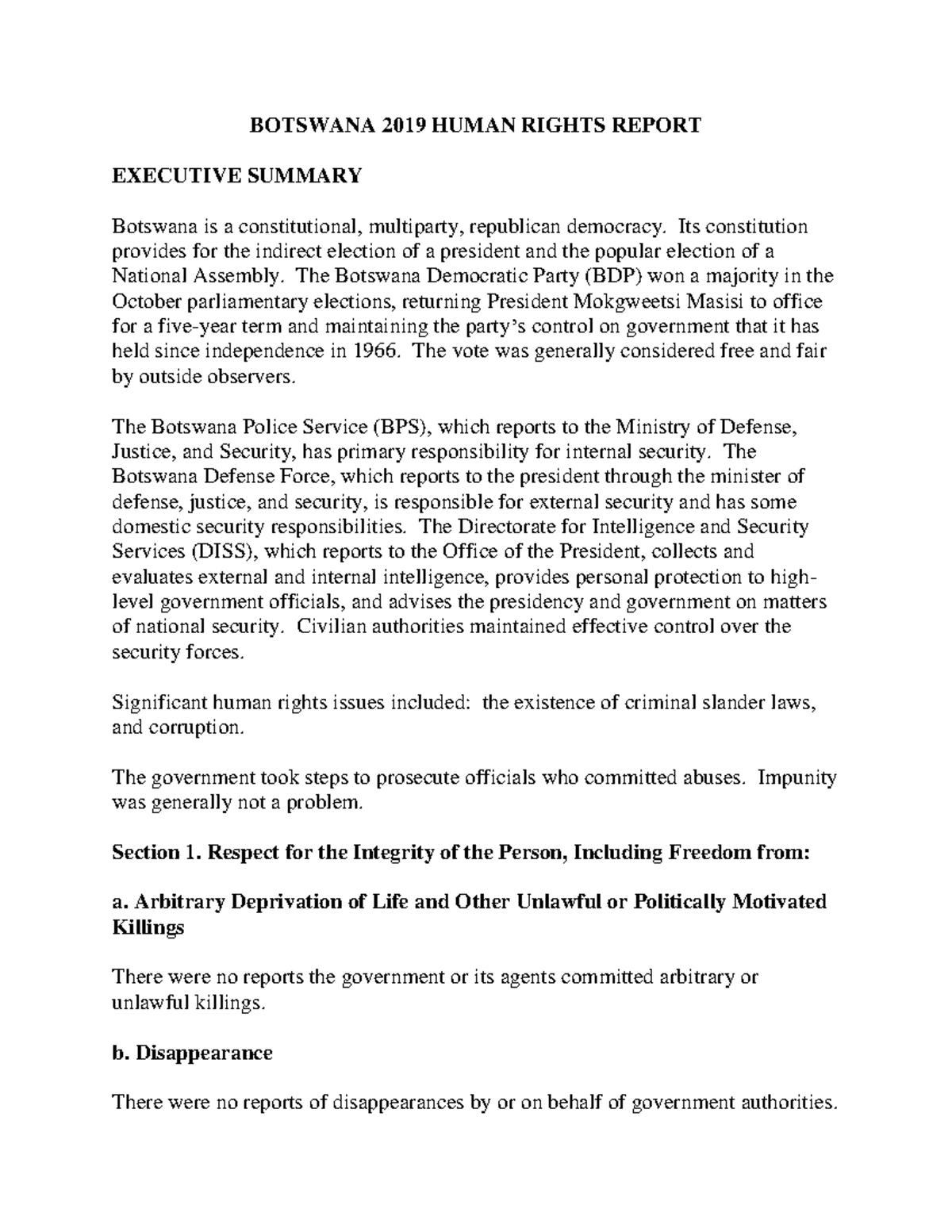 Botswana 2019 Human Rights Report - BOTSWANA 2019 HUMAN RIGHTS REPORT ...