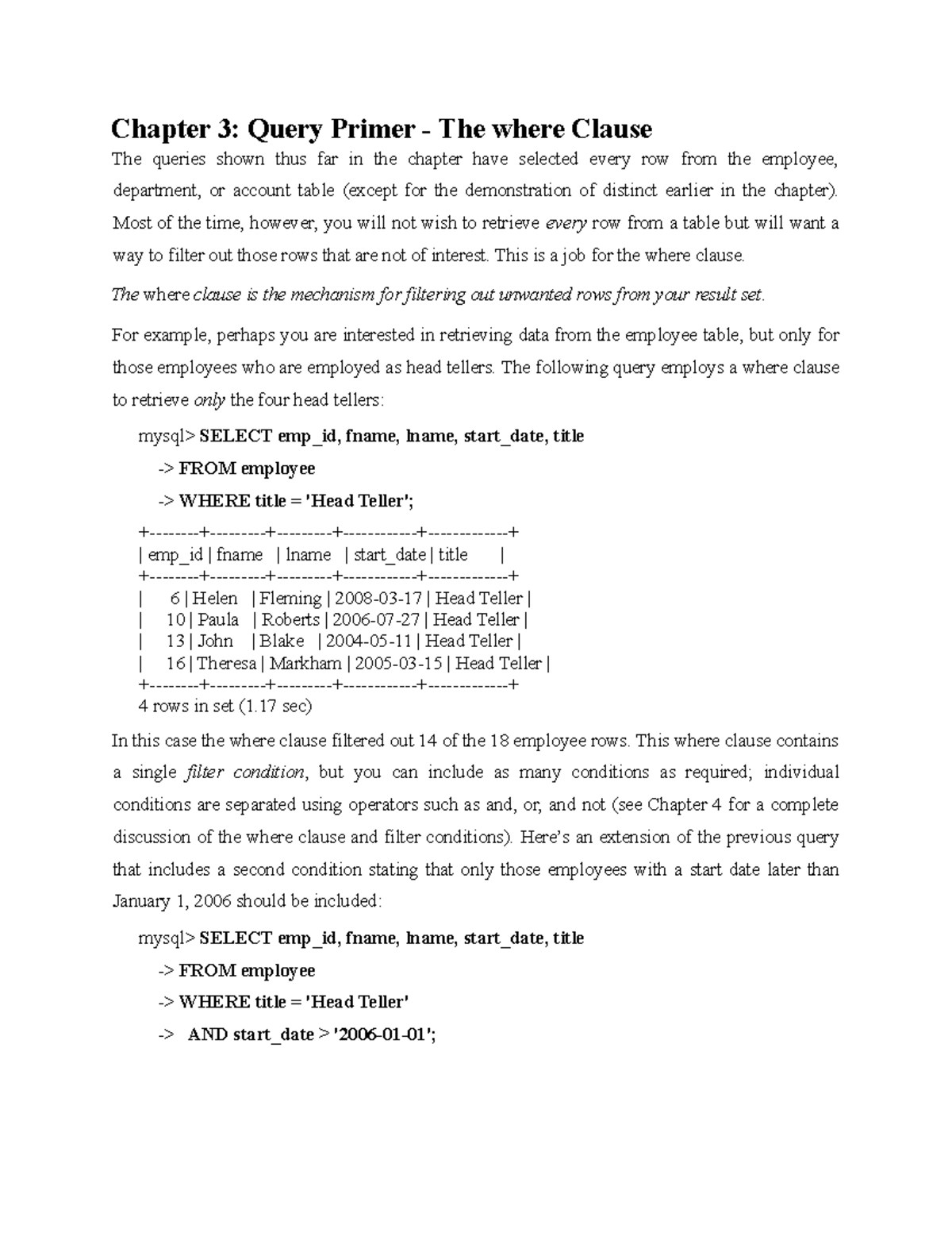 Chapter 3 Query Primer - The where Clause - Chapter 3: Query Primer ...