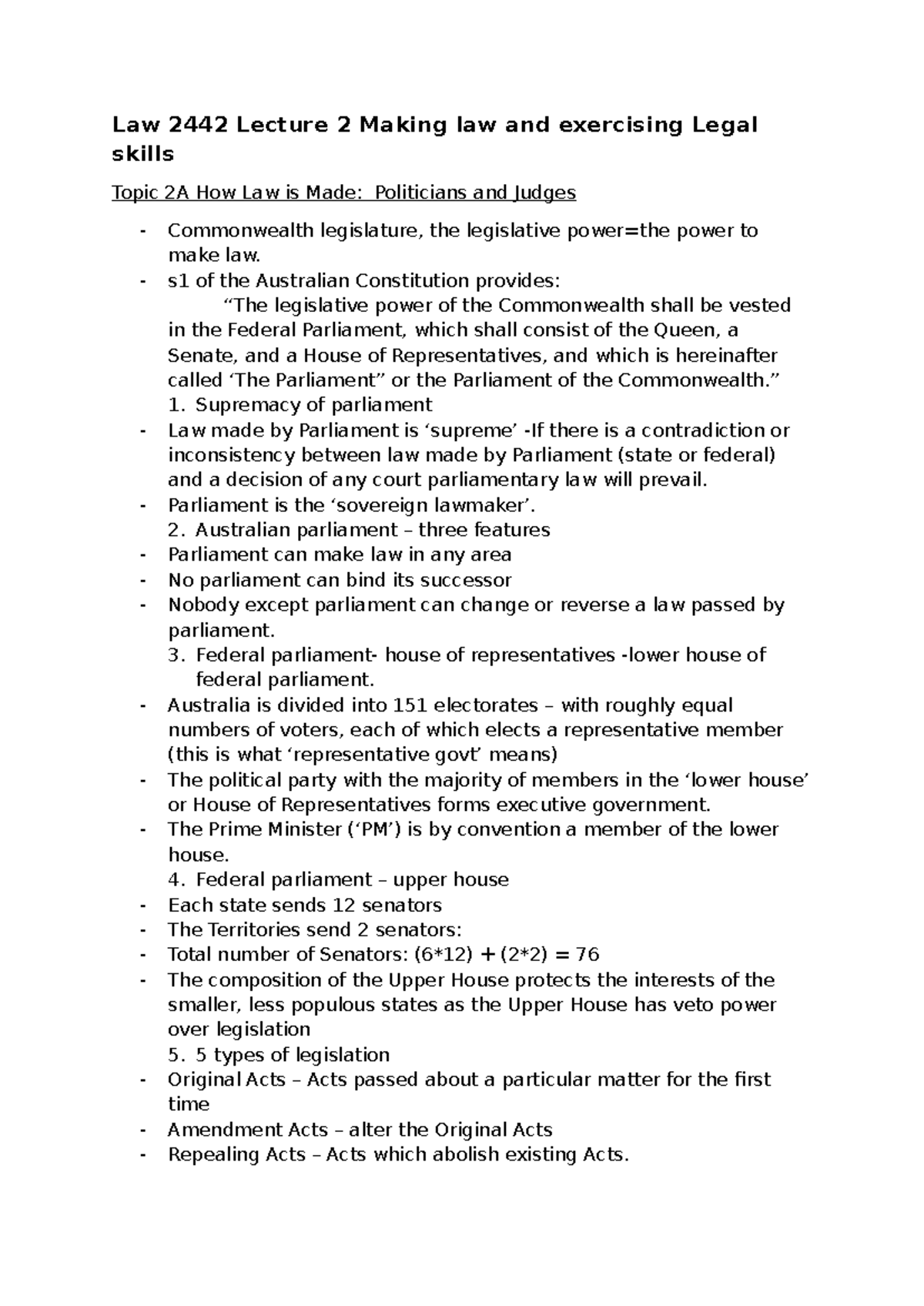 Law 2442 Lecture 2 Making law and exercising Legal skills - Law 2442 ...