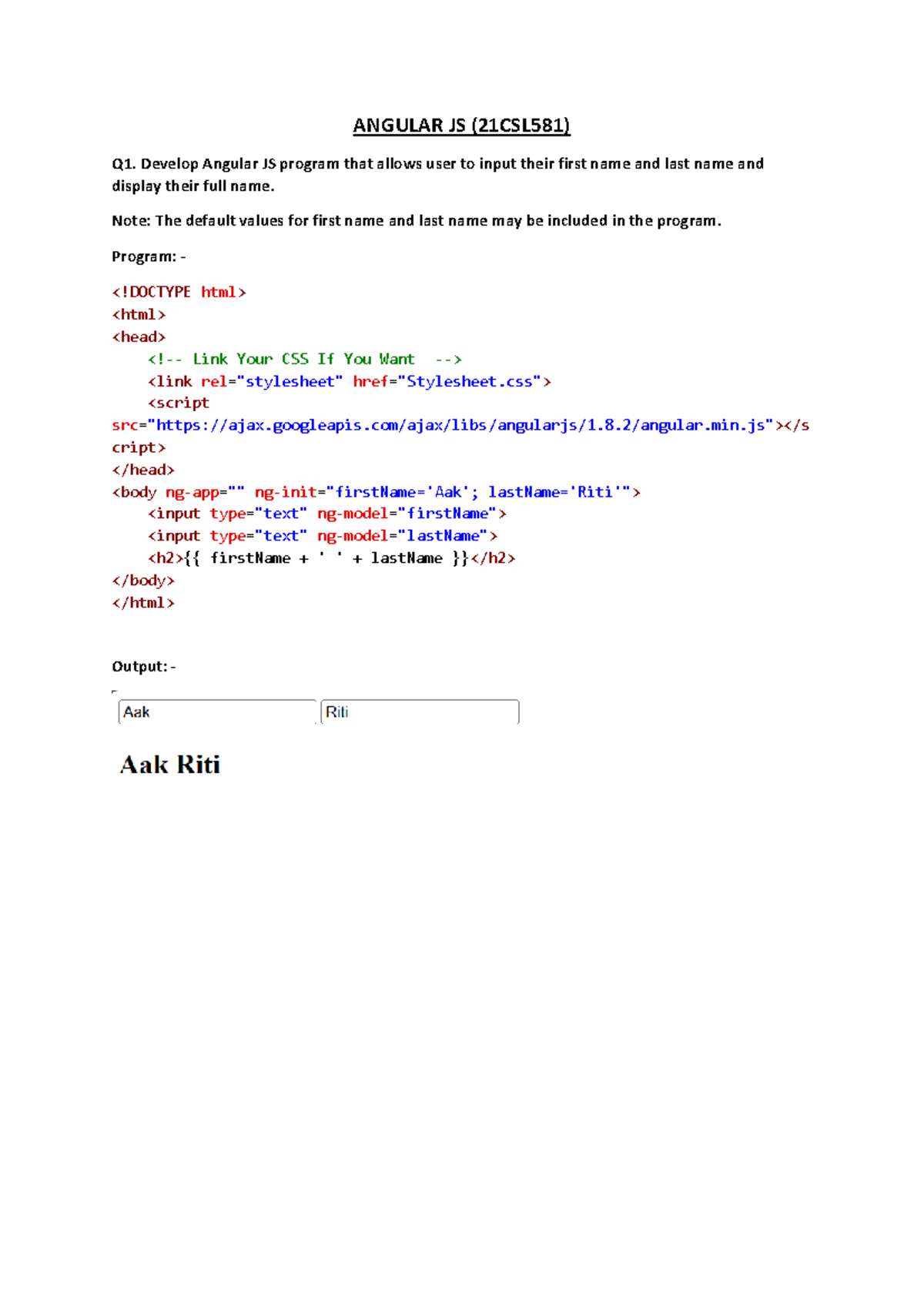 Angular js manual final - ANGULAR JS (21CSL581) Q1. Develop Angular JS program that allows user ...
