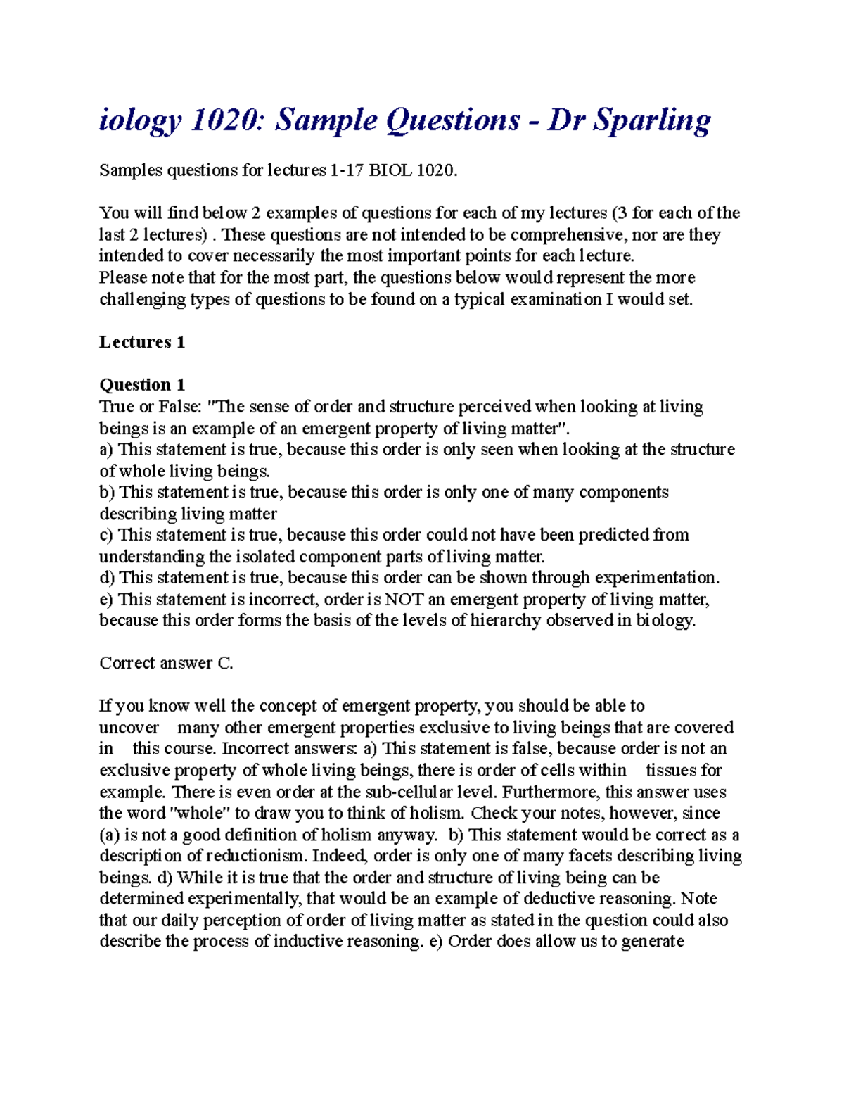 Biol 1020 lectue notes - iology 1020: Sample Questions Dr Sparling ...