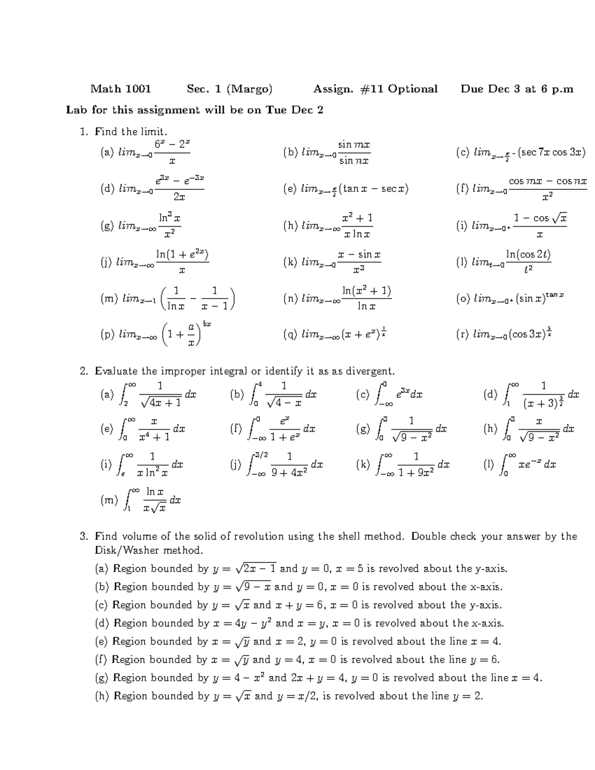 1001 Assn 11 Assignment Solutions Math 1001 Sec 1 Margo Assign