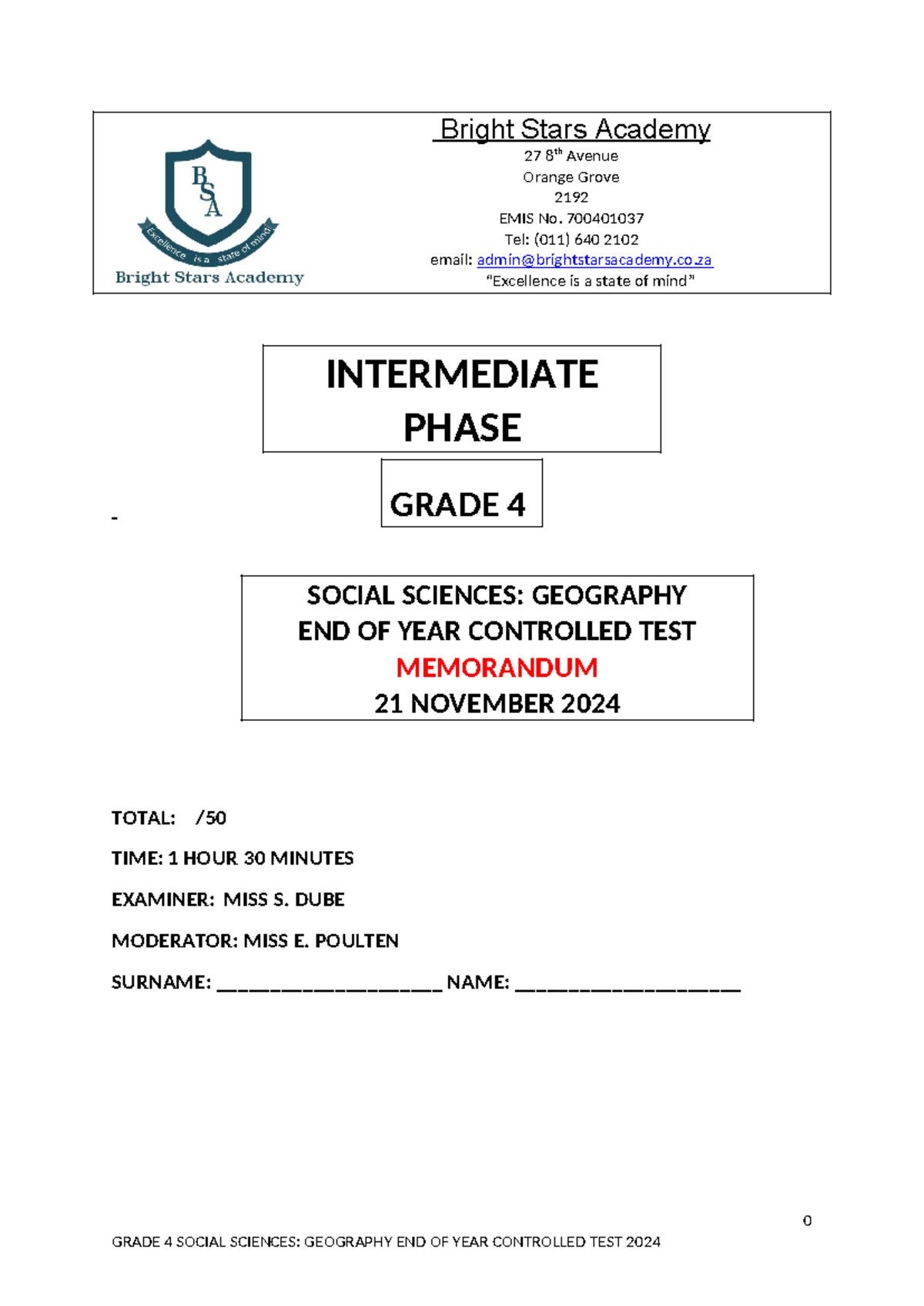 Memorandum GRD 4 Geography T4 Controlled TEST 2024 - Bright Stars ...