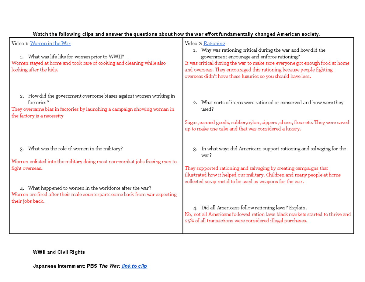 Copy of WWII Home Front AP - Watch the following clips and answer the ...