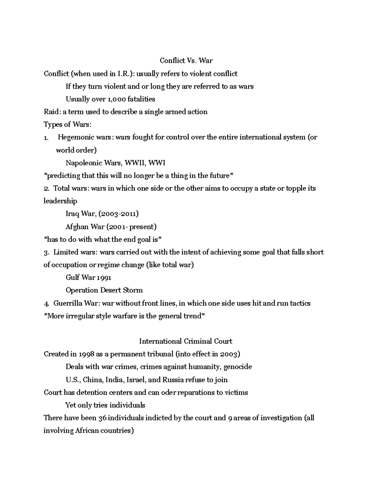Class Notes Oct. 29 and Nov. 3 - Conflict Vs. War Conflict (when used ...