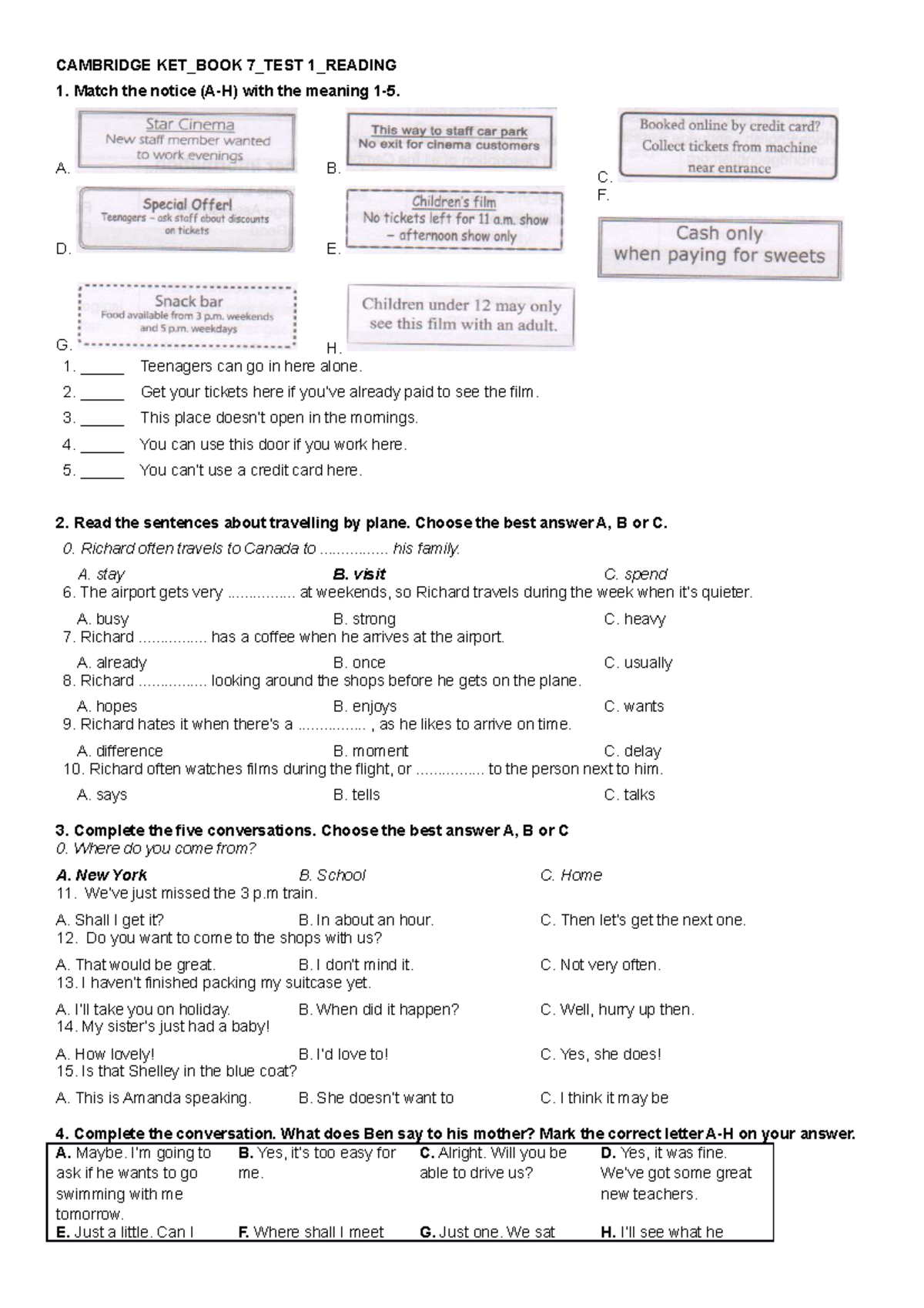 Reading KET 7 Test 1 - good - CAMBRIDGE KET_BOOK 7_TEST 1_READING Match ...