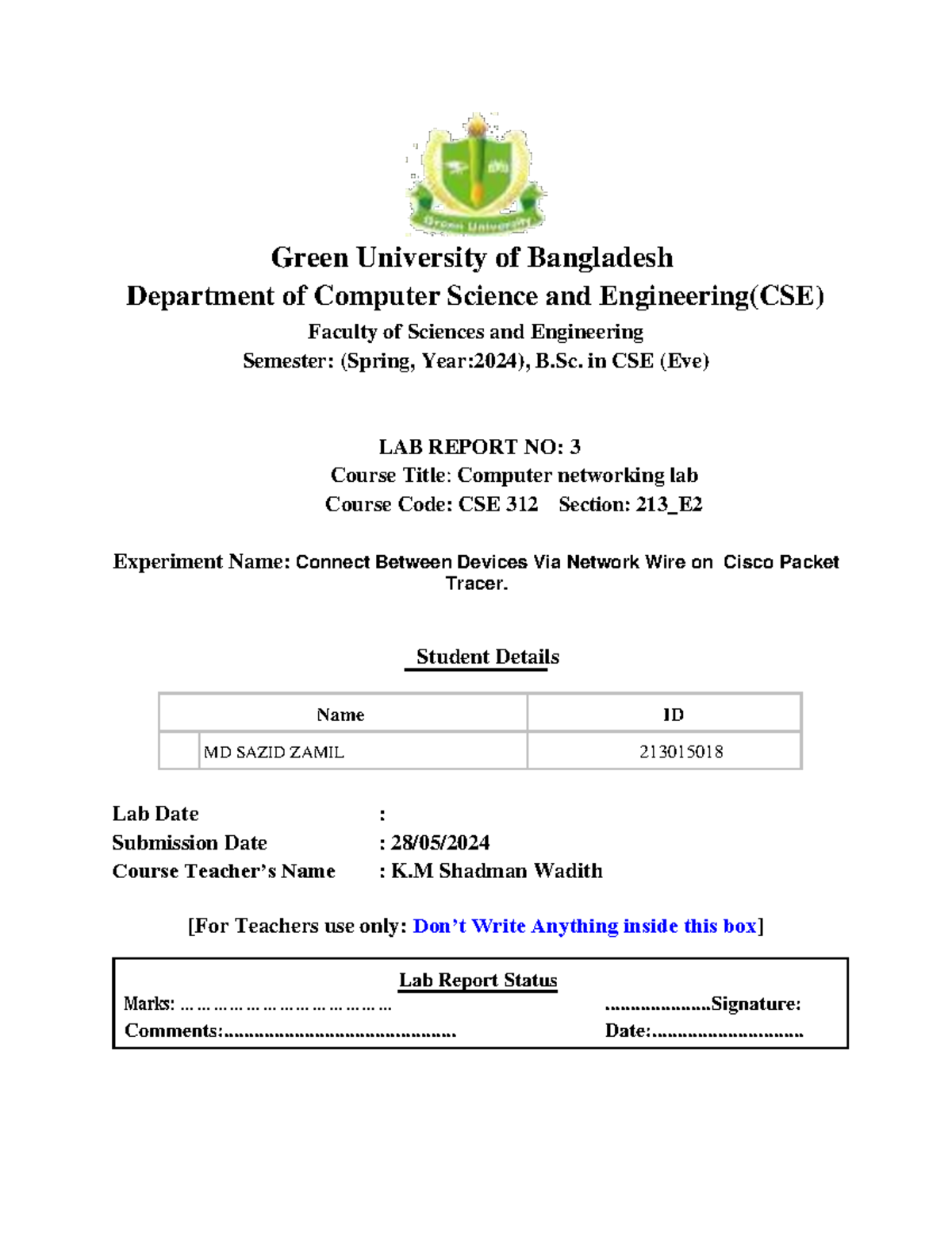 213015018 LAB 3 MD Sazid Zamil - Green University of Bangladesh ...