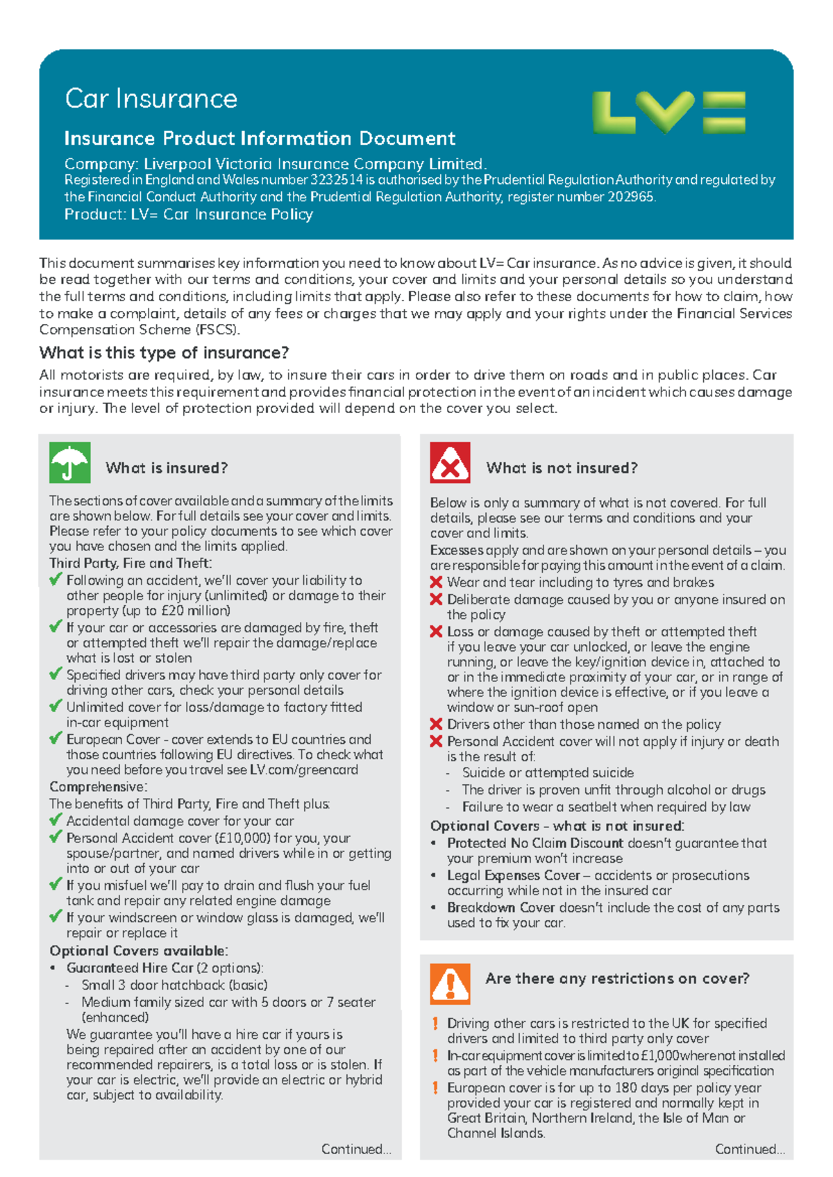 34950 2022 Car IPID - help if needed - This document summarises key ...
