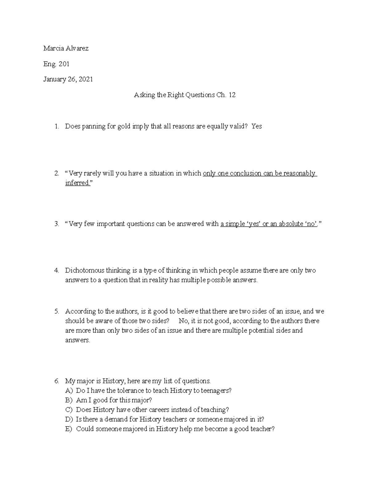 ARQ's Ch - Answers to chapter twelve questions from book. - Marcia Alvarez Eng. 201 January 26 ...