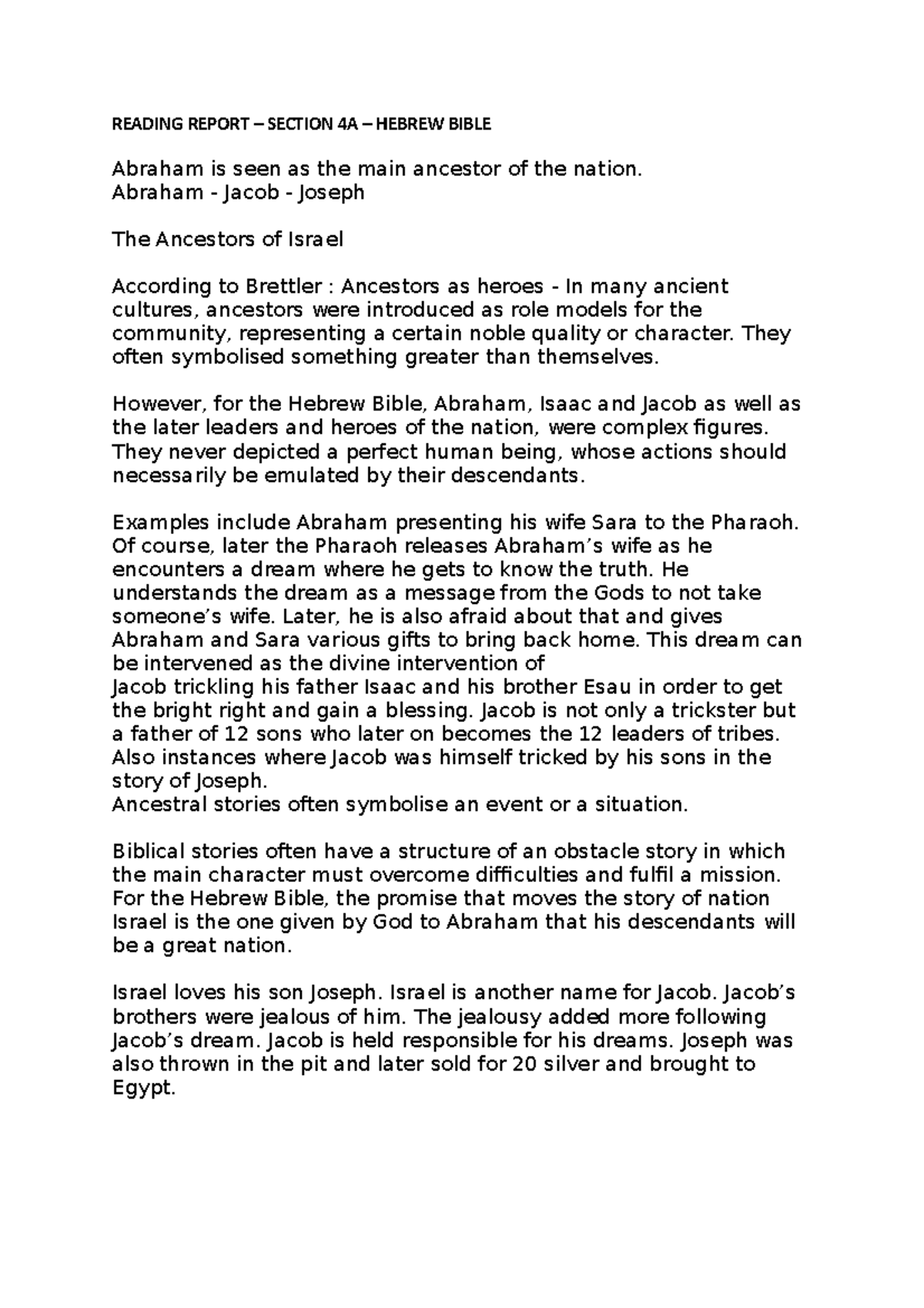 The Ancestors of Israel - READING REPORT – SECTION 4A – HEBREW BIBLE ...