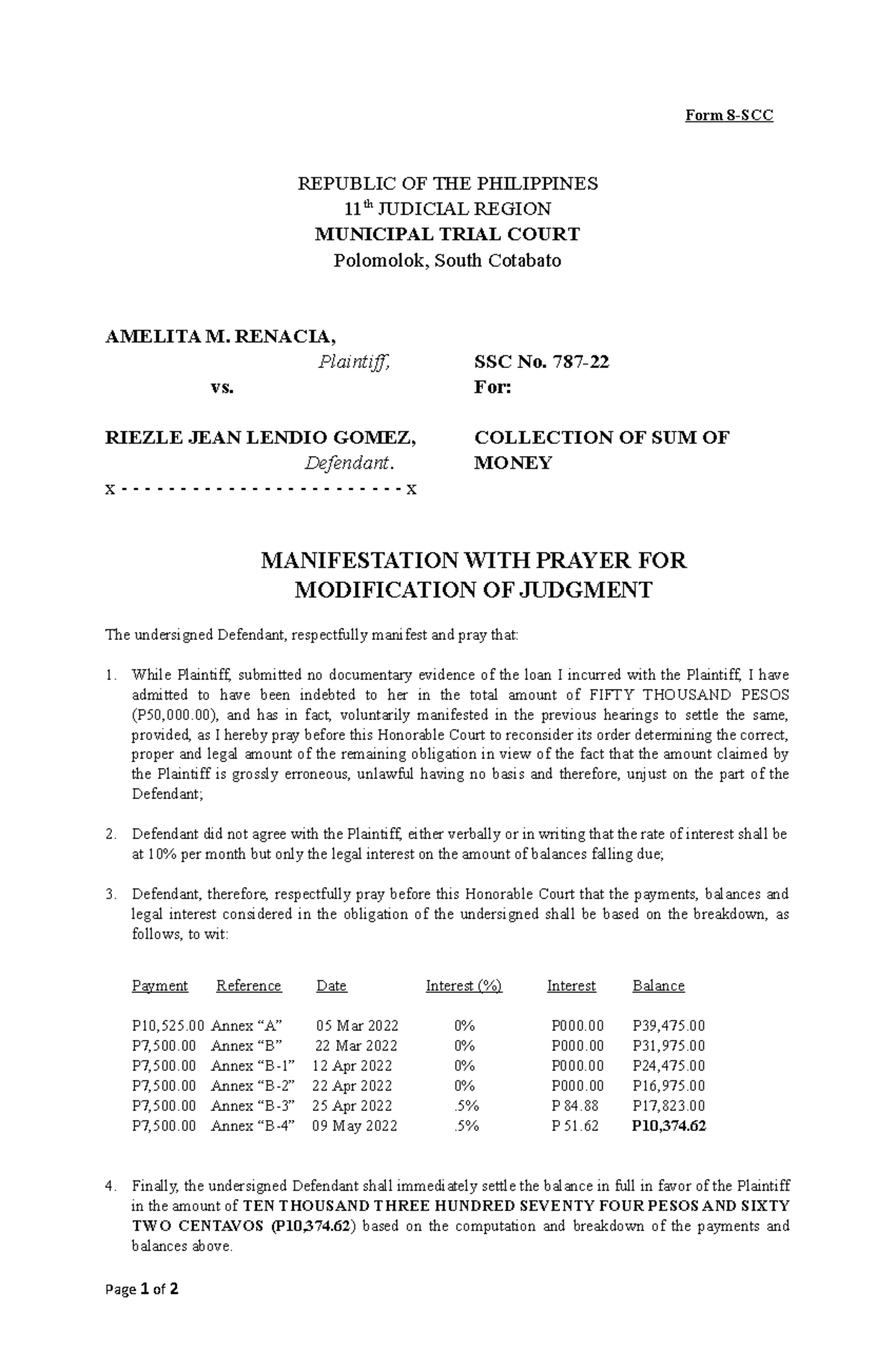 Motion for Modification of Judgment - Renacia v Gomez - Form 8-SCC ...