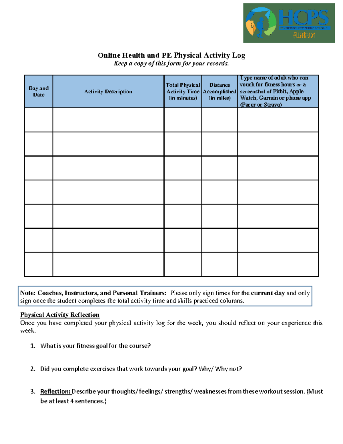 Online PE Weekly Fitness Log Fillable - Online Health and PE Physical ...