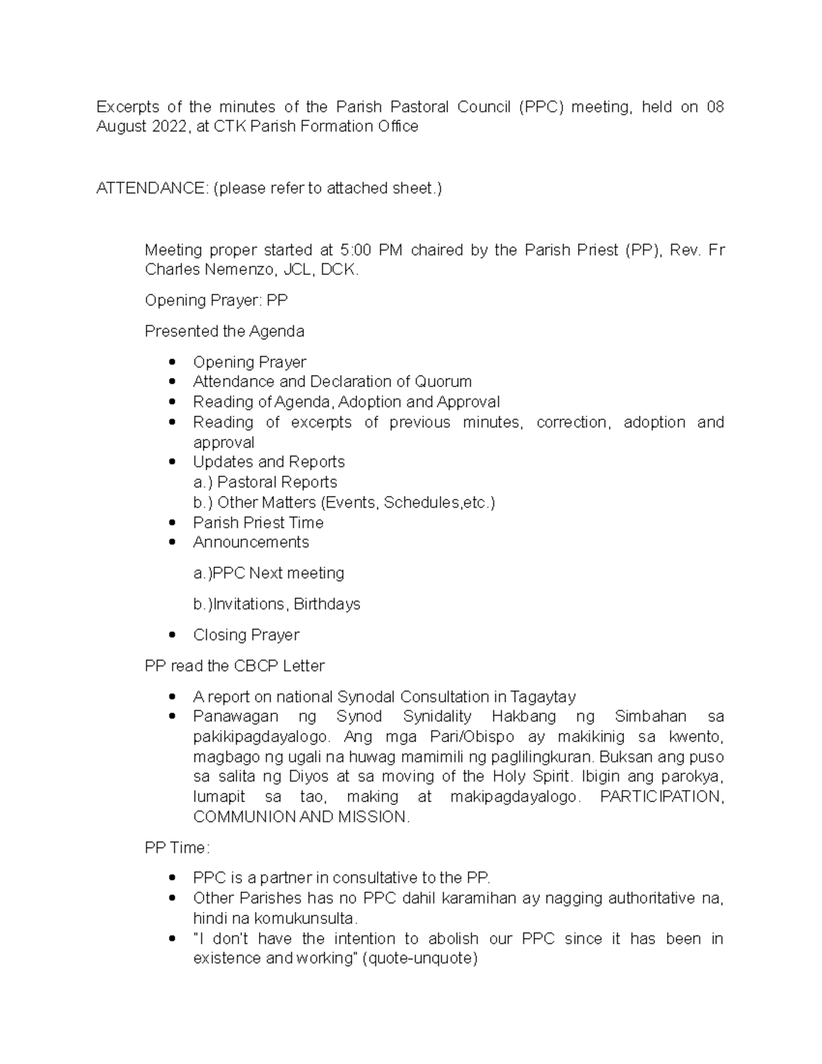 MAMI-PPK - Hello - Excerpts of the minutes of the Parish Pastoral ...