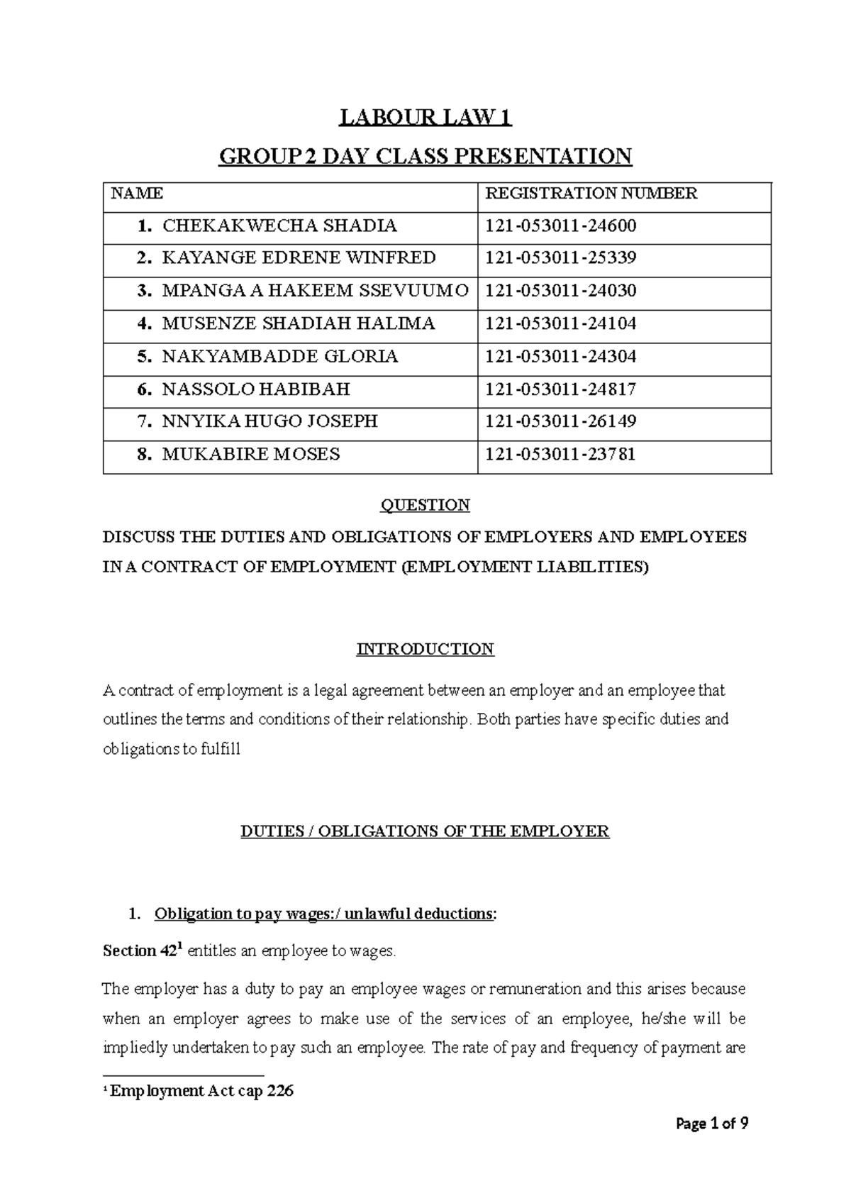 Group 2 Labour Bariike - Tutorial - LABOUR LAW 1 GROUP 2 DAY CLASS ...