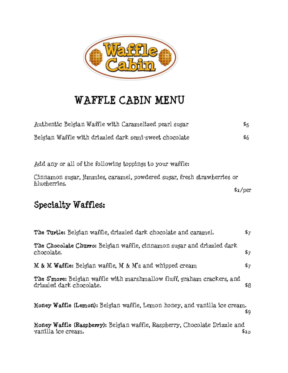 Waffle Cabin Menu Standard Menu - WAFFLE CABIN MENU Authentic Belgian ...
