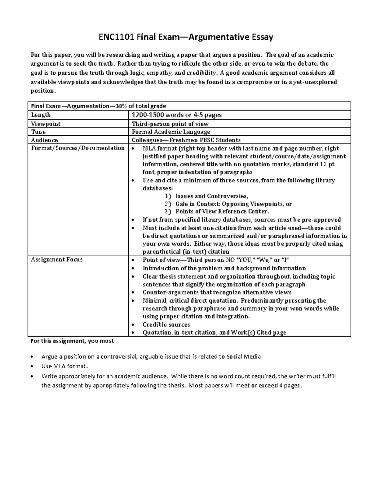 Argumentative Essay Directions - ENC1101 Final Exam—Argumentative Essay ...