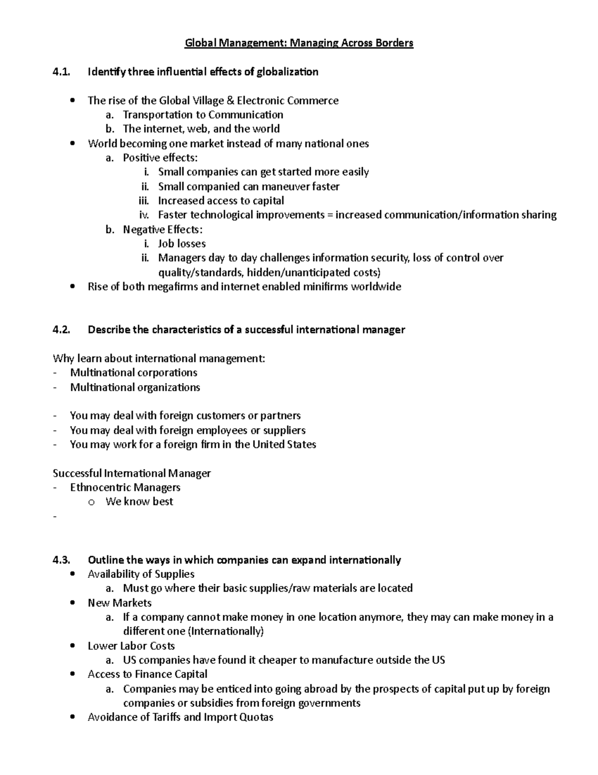BUSN Chapter 4 Notes - Global Management: Managing Across Borders ...