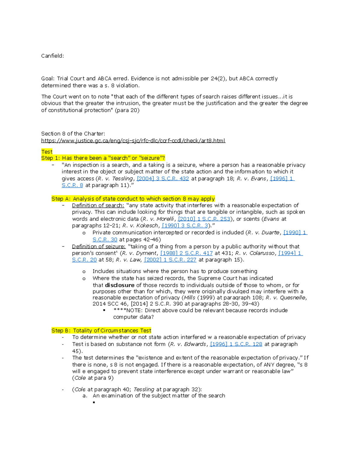 Research and Ideas - Homework for Factum - Canfield: Goal: Trial Court ...