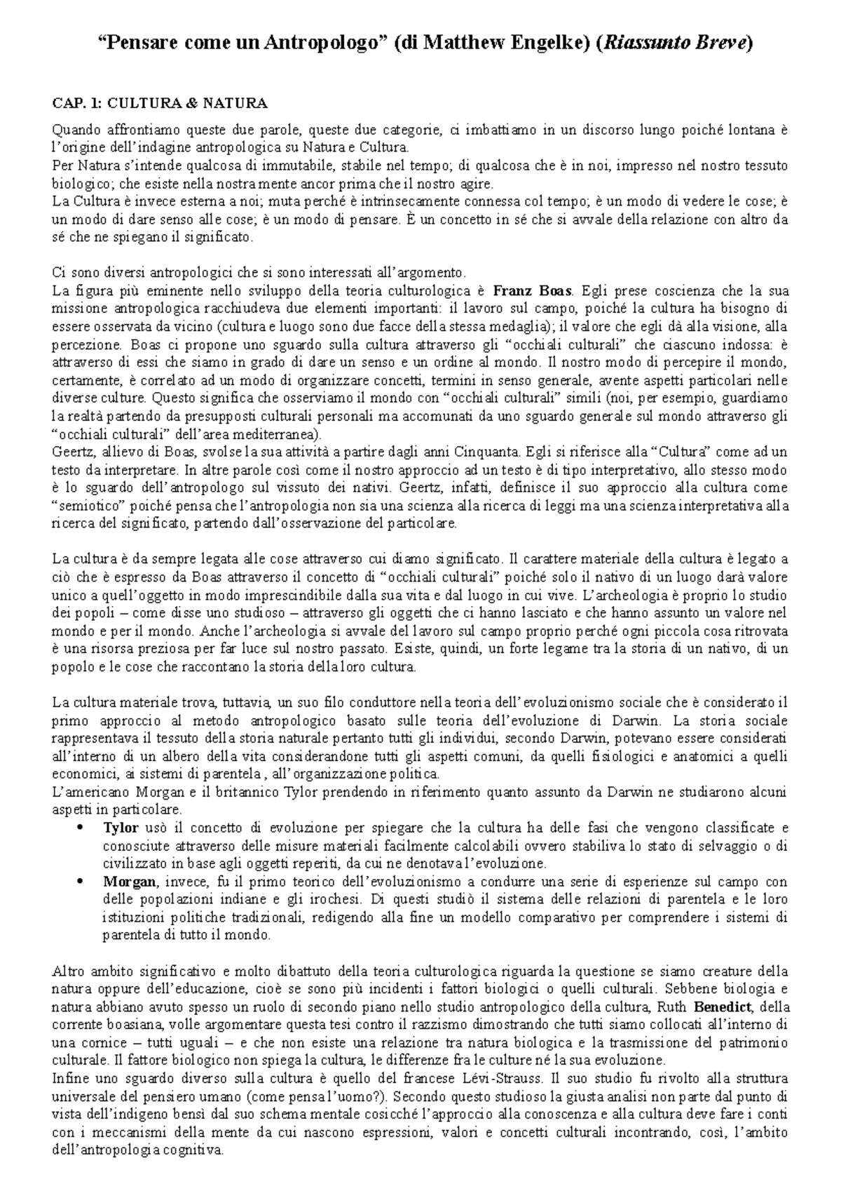 Pensare come un Antropologo (Riassunto Breve) - “Pensare come un ...