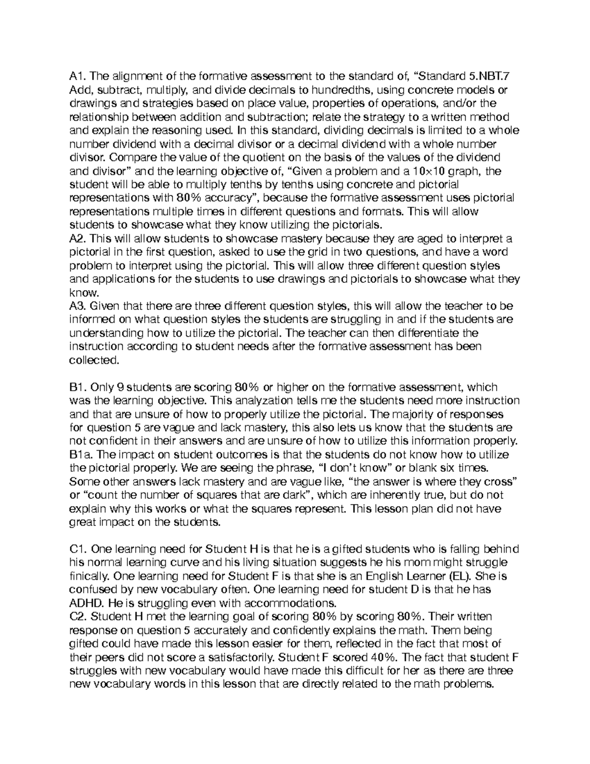 Task 3 - Task 3 - A1. The alignment of the formative assessment to the ...