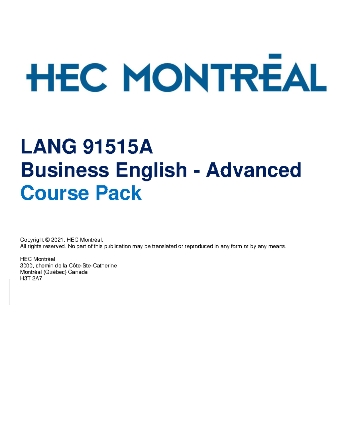 Advanced Course Pack A2021 - LANG 91515A Business English - Advanced ...