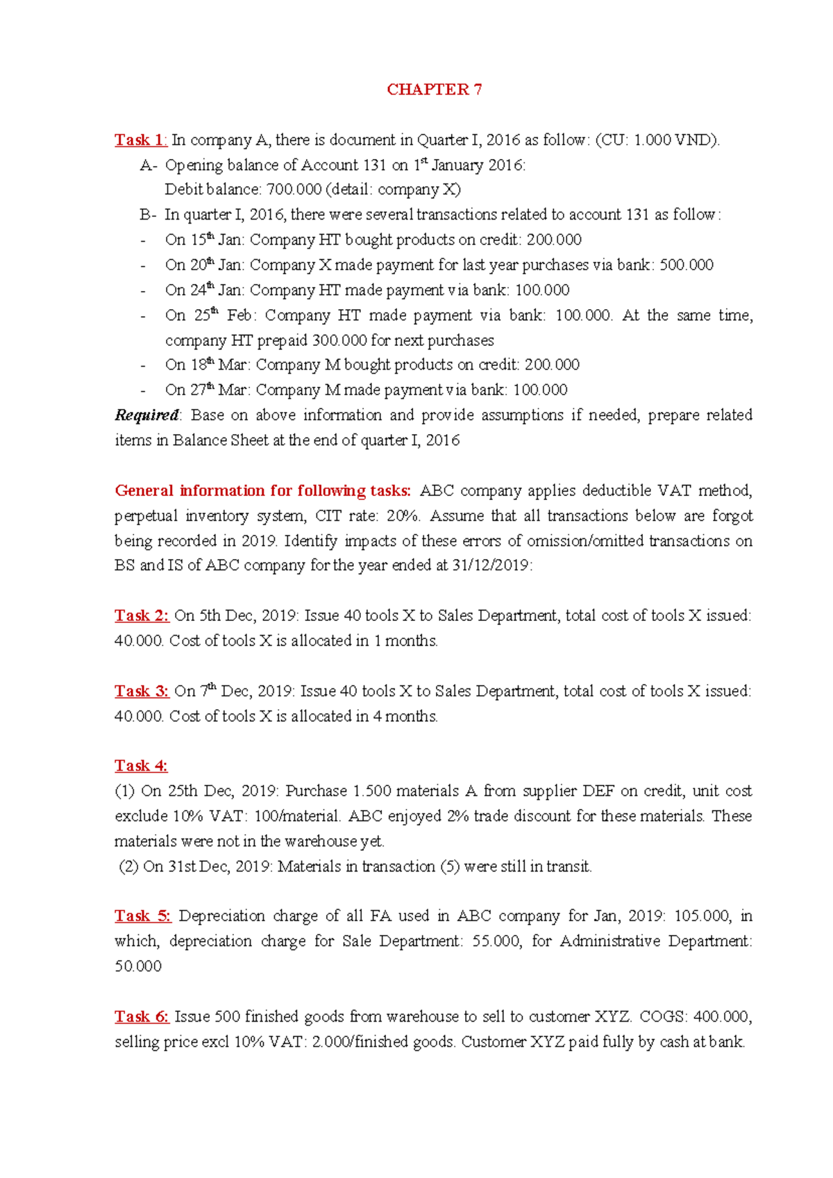 Tasks for c7 - ... - CHAPTER 7 Task 1 : In company A, there is document ...