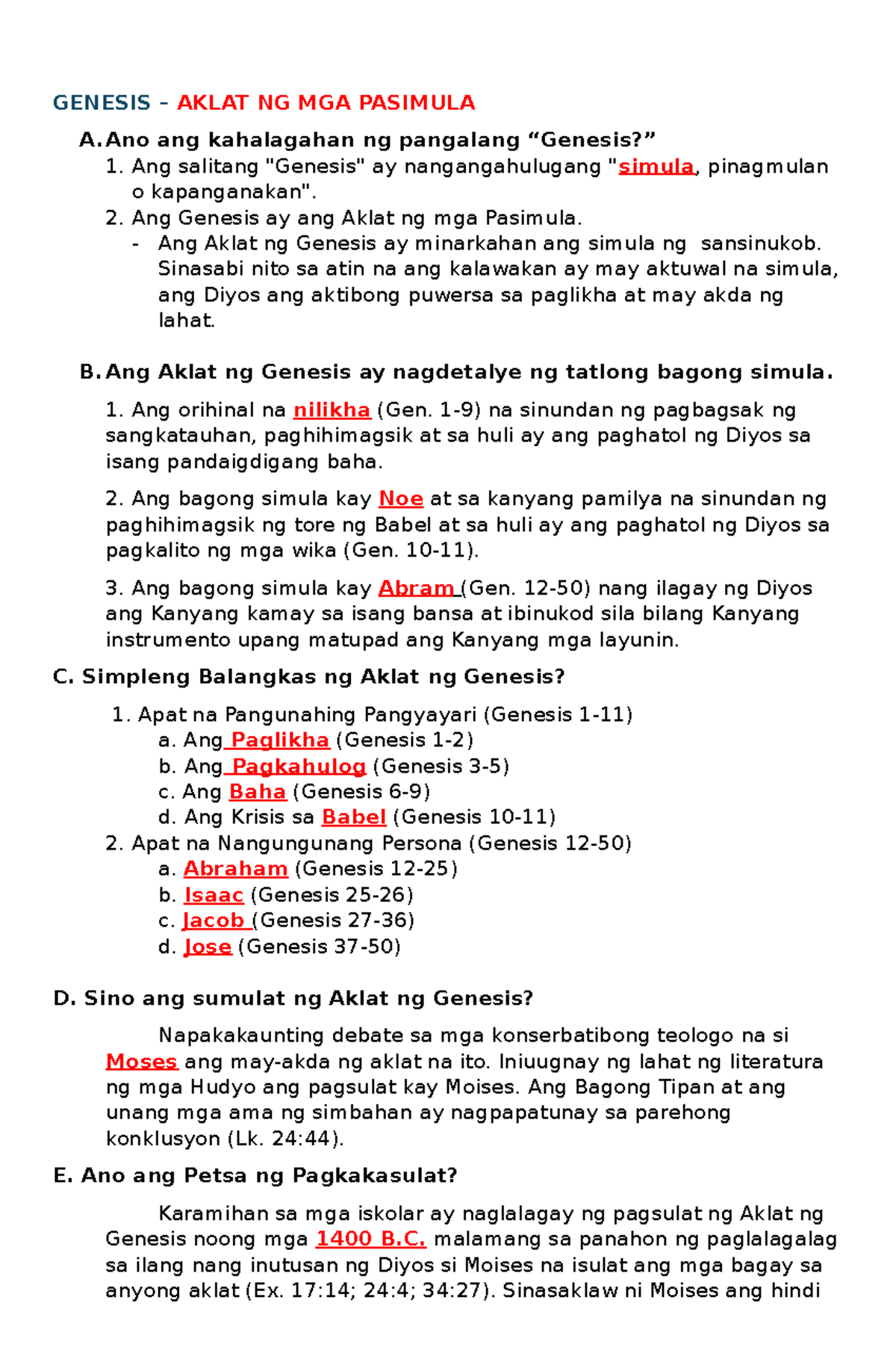 Genesis-teachers-copy - GENESIS – AKLAT NG MGA PASIMULA A. Ano ang ...