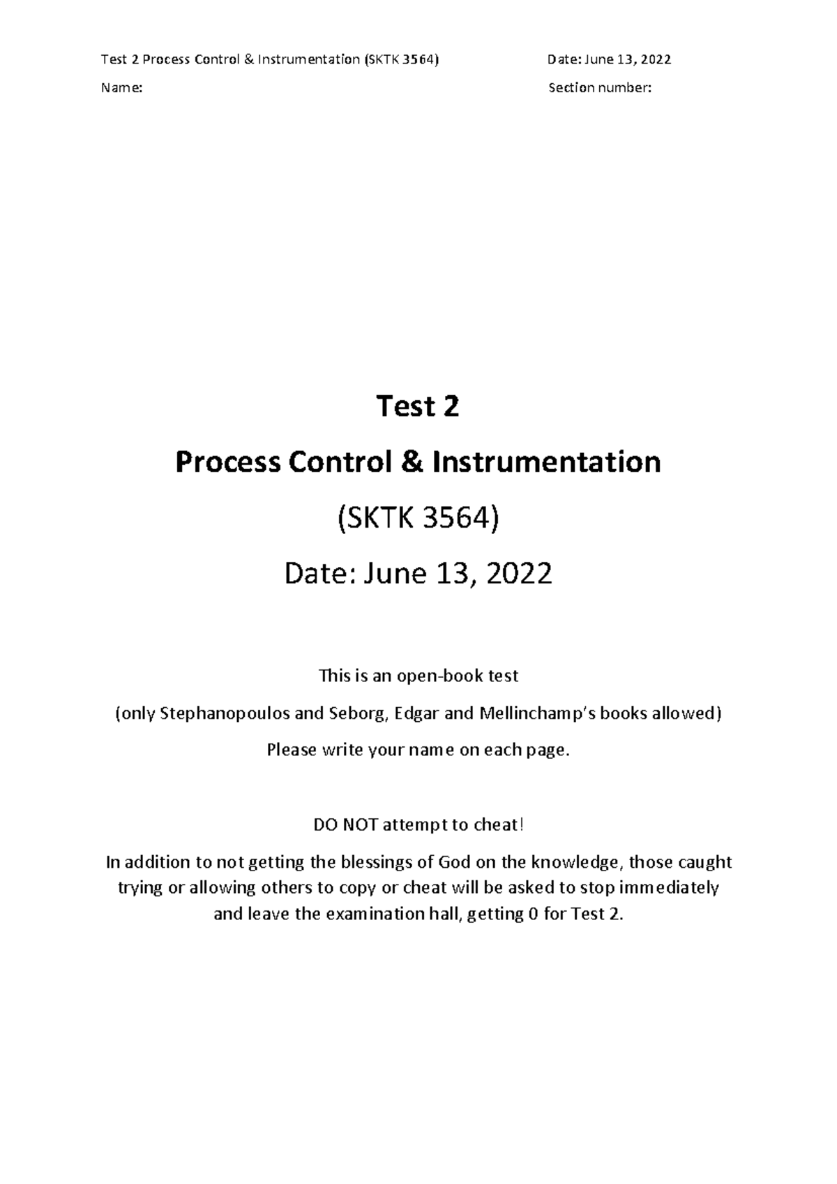 PCI Test 2 2122 - Process Control Test 2 21/22 - Name: Section number ...